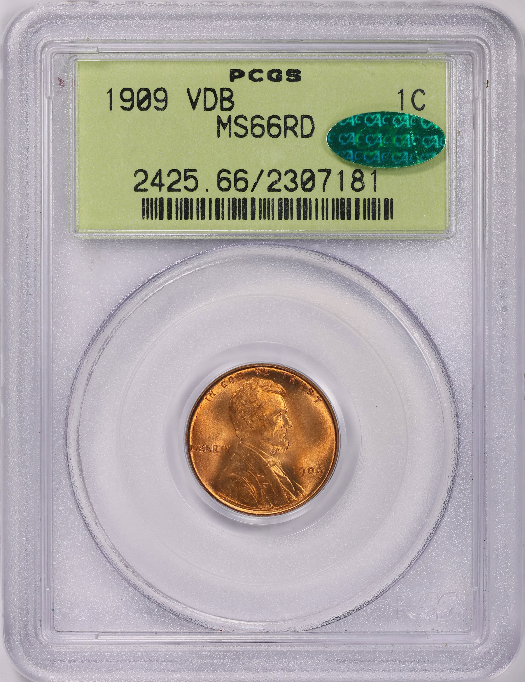 1909 Lincoln Cent V.D.B. PCGS MS-66 RD (CAC Green) OGH (Item 1737424) | GreatCollections Coin ...