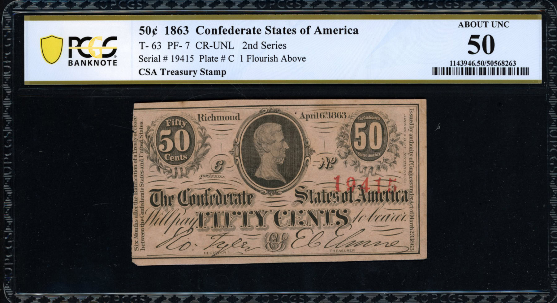 T-63 Confederate States of America 1863 50 Cents Note PCGS Banknote ...