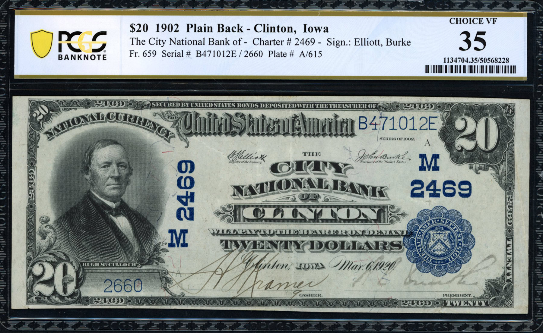 Fr. 659 Clinton, Iowa The City National Bank 1902 $20 Plain Back Note ...