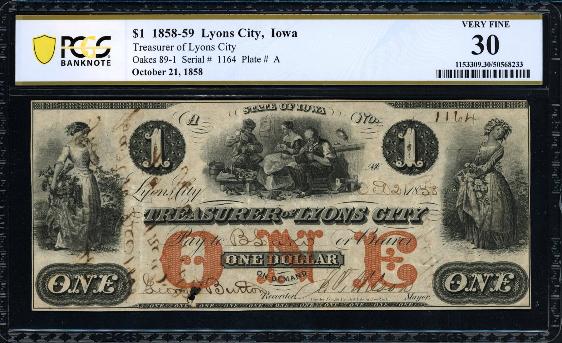 Oct. 21, 1858 Lyons City, Iowa Treasurer of Lyons City $1 Note PCGS ...