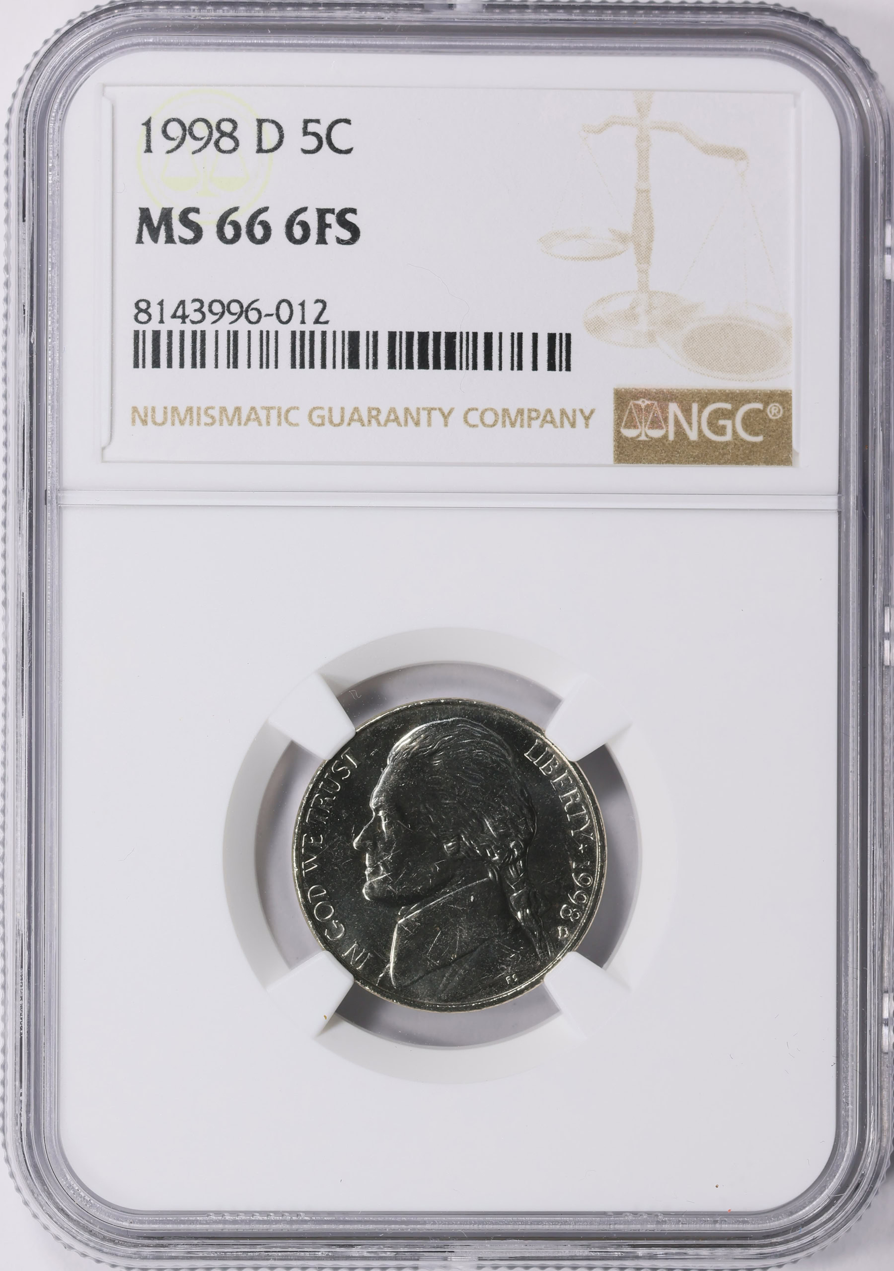 1998-D Jefferson Nickel NGC MS-66 6FS (Item 1737531) | GreatCollections ...
