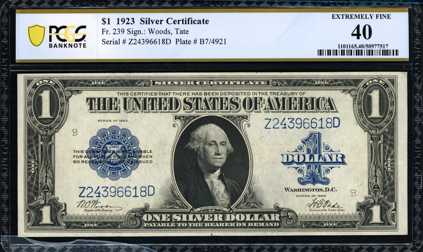 Fr. 239 1923 $1 Silver Certificate Note Woods / Tate PCGS Banknote ...
