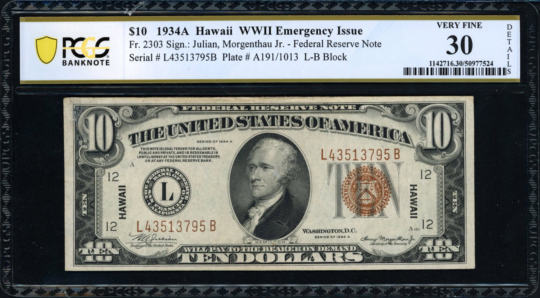 Fr. 2303 (LB Block) 1934A $10 Hawaii WWII Emergency Issue Note Julian ...