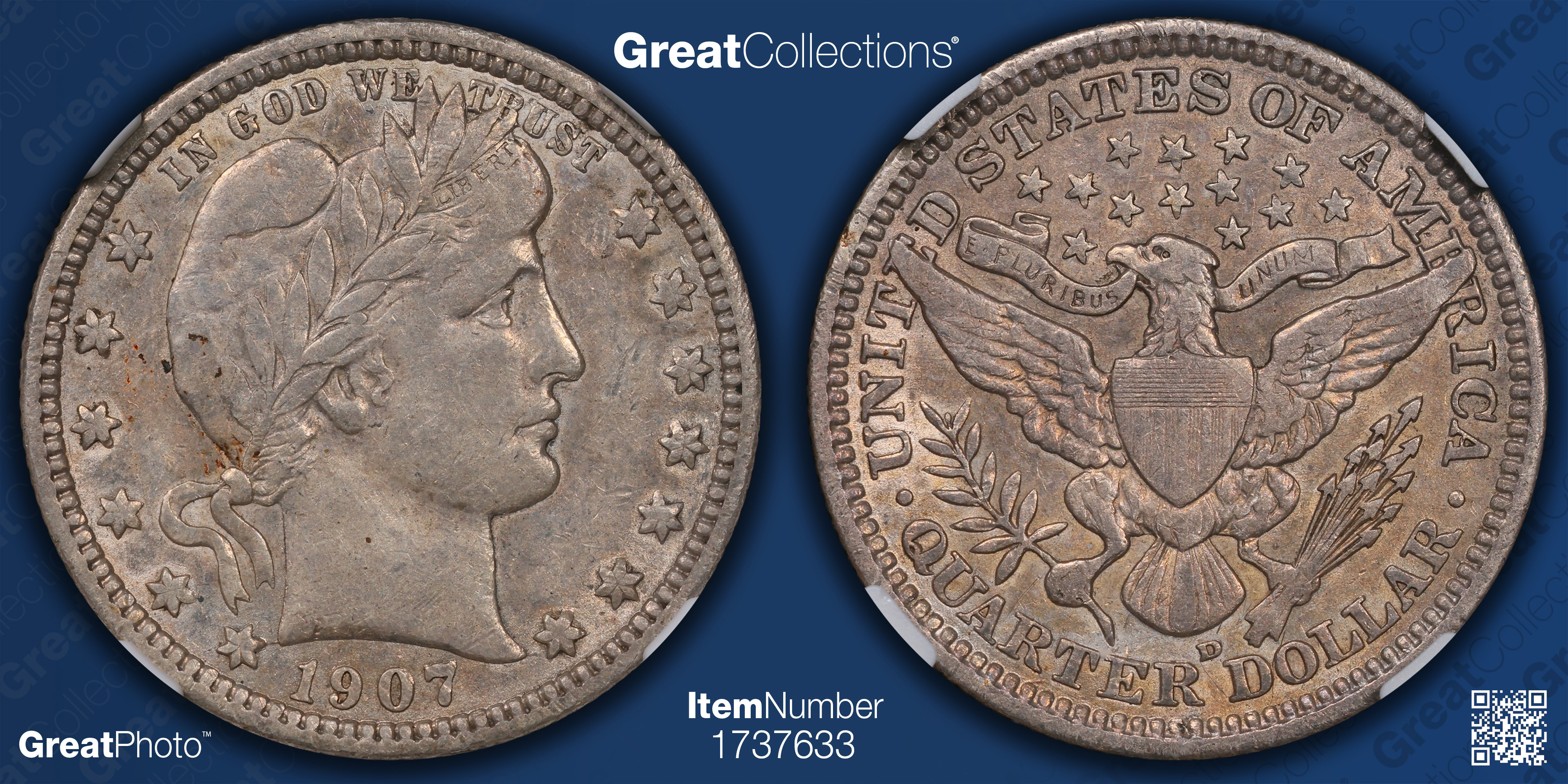 1907-D Barber Quarter NGC XF-40 (Item 1737633) | GreatCollections Coin ...