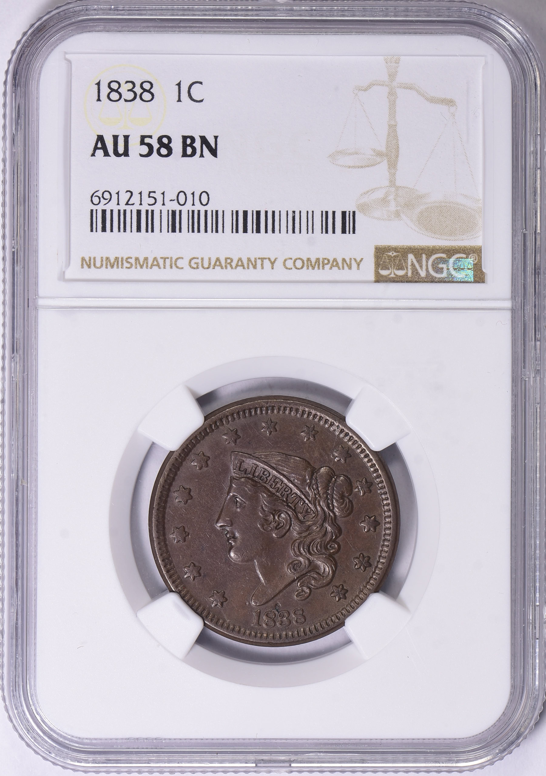 1838 Matron Cent NGC AU-58 BN (Item 1737820) | GreatCollections Coin Auctions