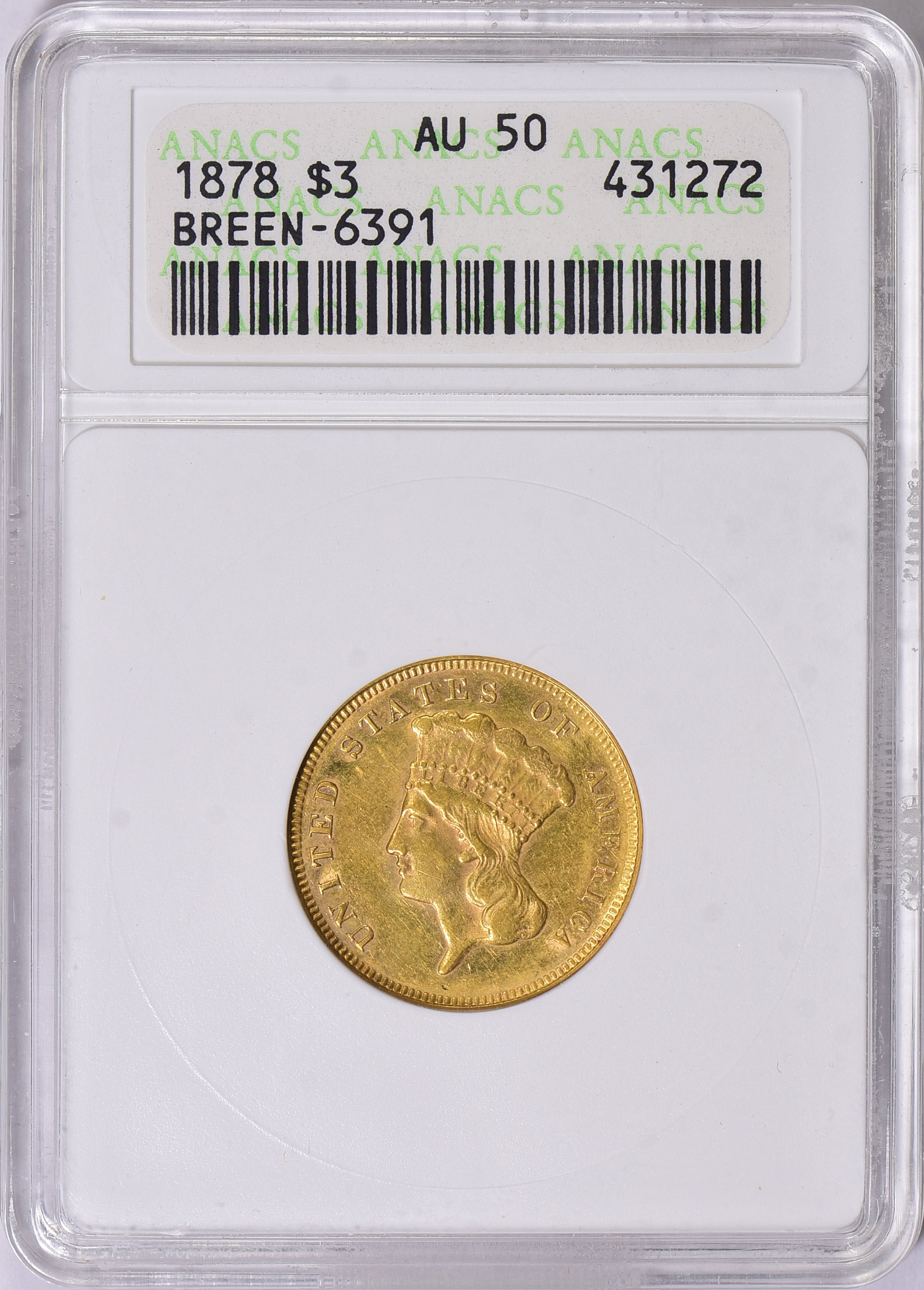 1878 Three-Dollar Gold Piece Breen-6391 ANACS AU-50 OH (Item 1737882 ...