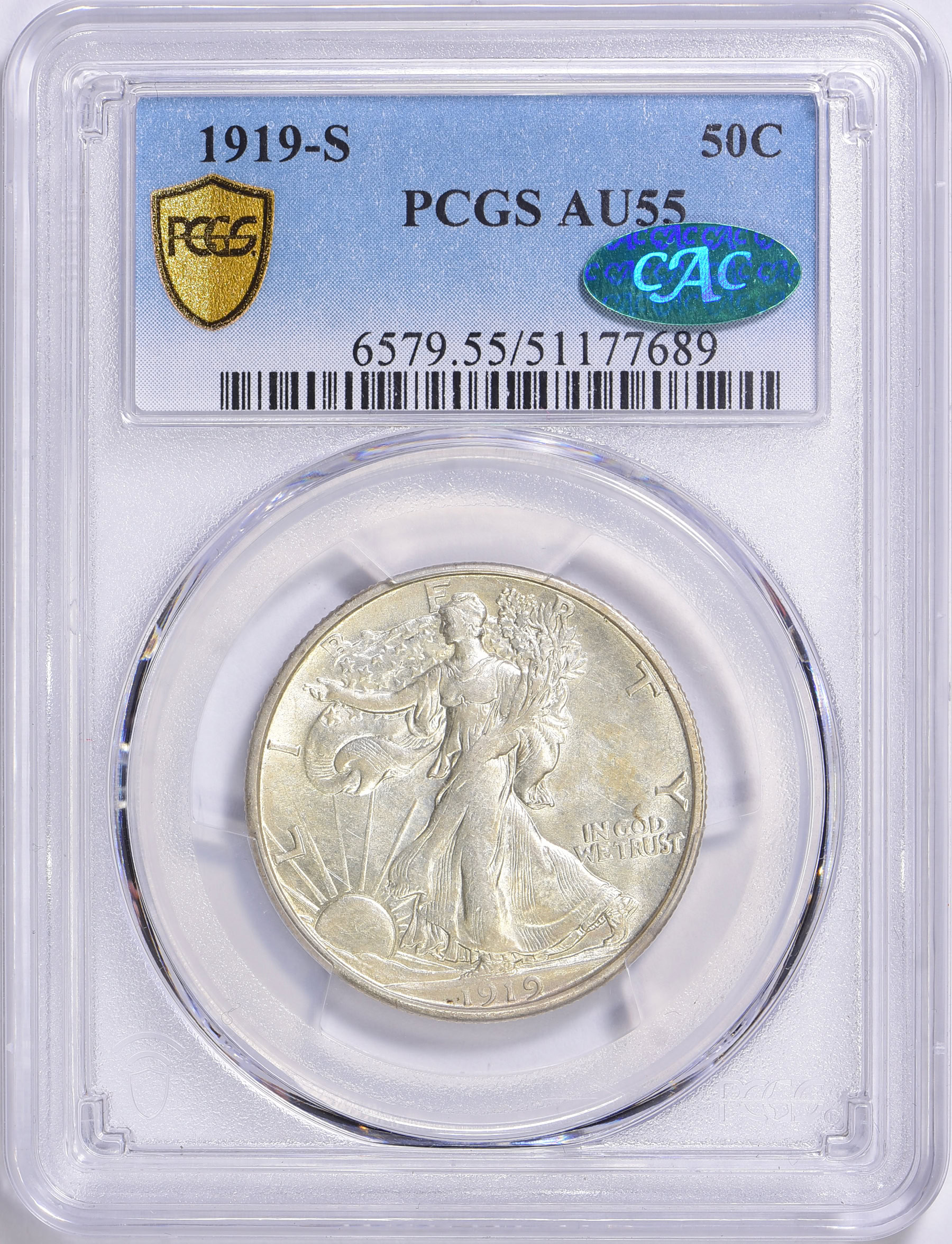 1919-S Walking Liberty Half Dollar PCGS AU-55 (CAC Green) (Item 1737885) | GreatCollections Coin ...