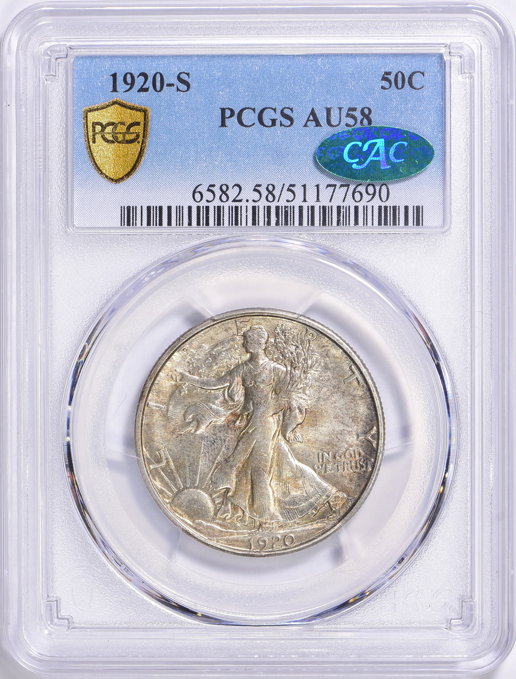 1920-S Walking Liberty Half Dollar PCGS AU-58 (CAC Green) (Toned) (Item ...