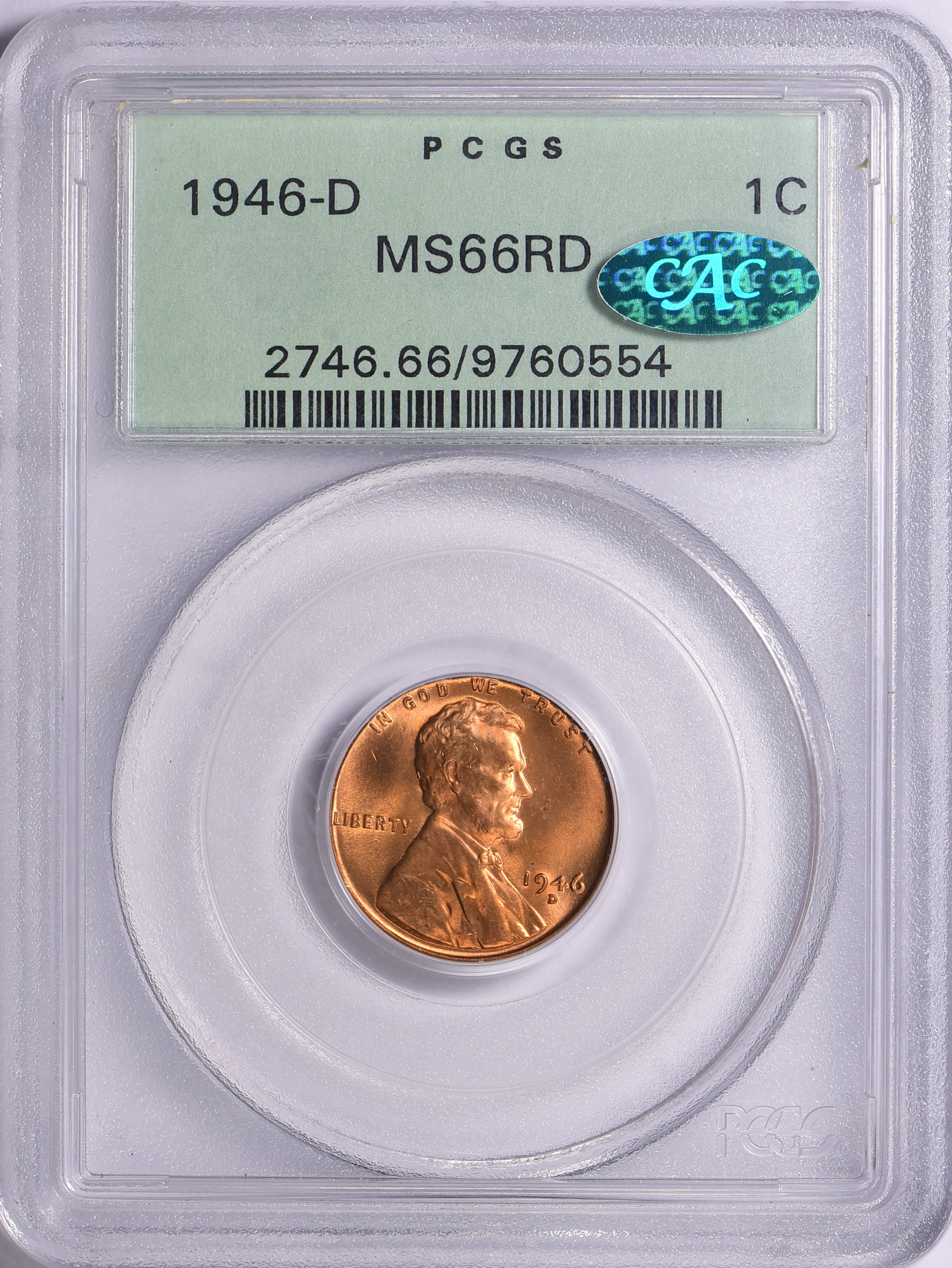 1946-D Lincoln Cent PCGS MS-66 RD (CAC Green) OGH (Item 1737952) | GreatCollections Coin Auctions