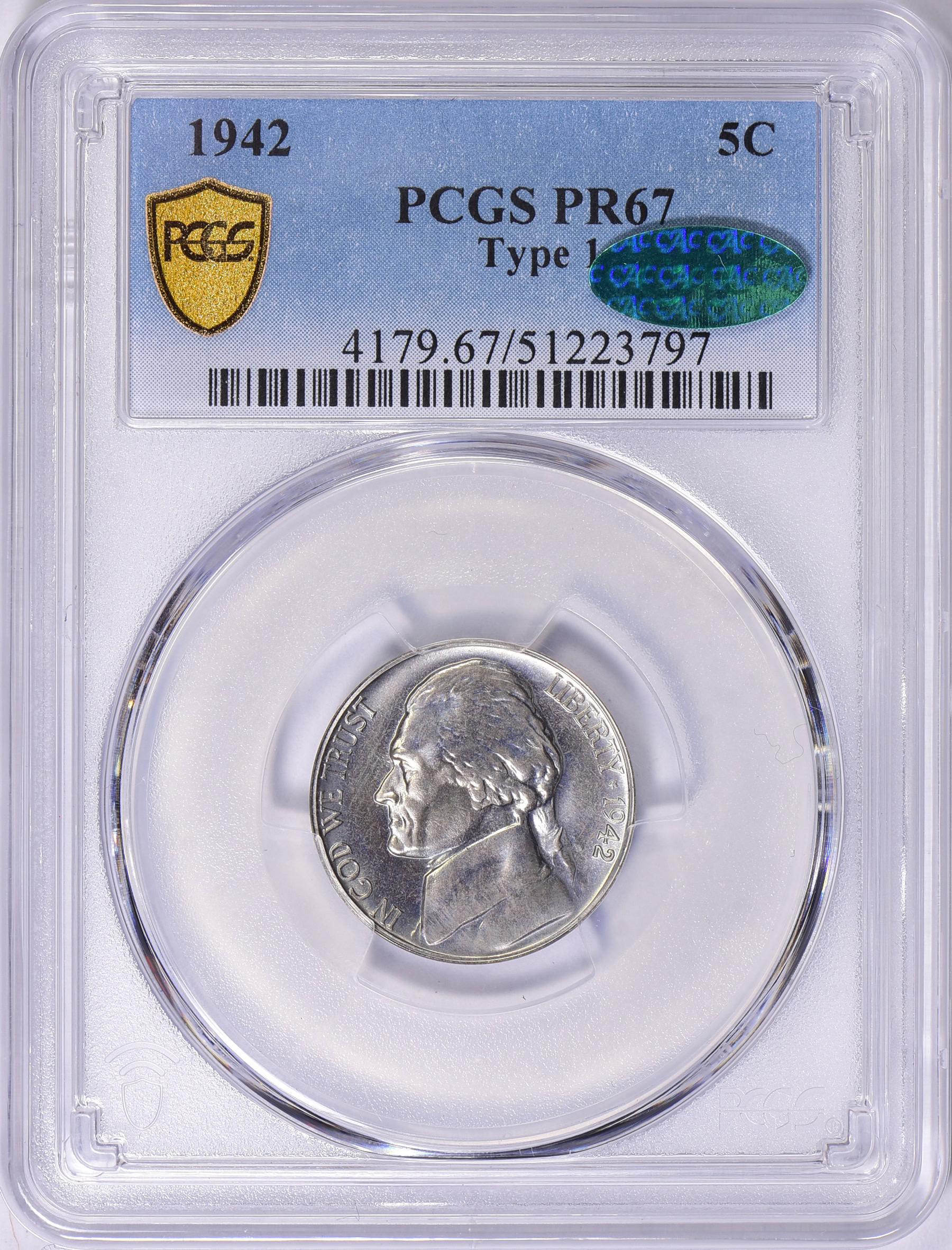 1942 Jefferson Nickel Type 1 PCGS Proof-67 (CAC Green) (Item 1738213) | GreatCollections Coin ...