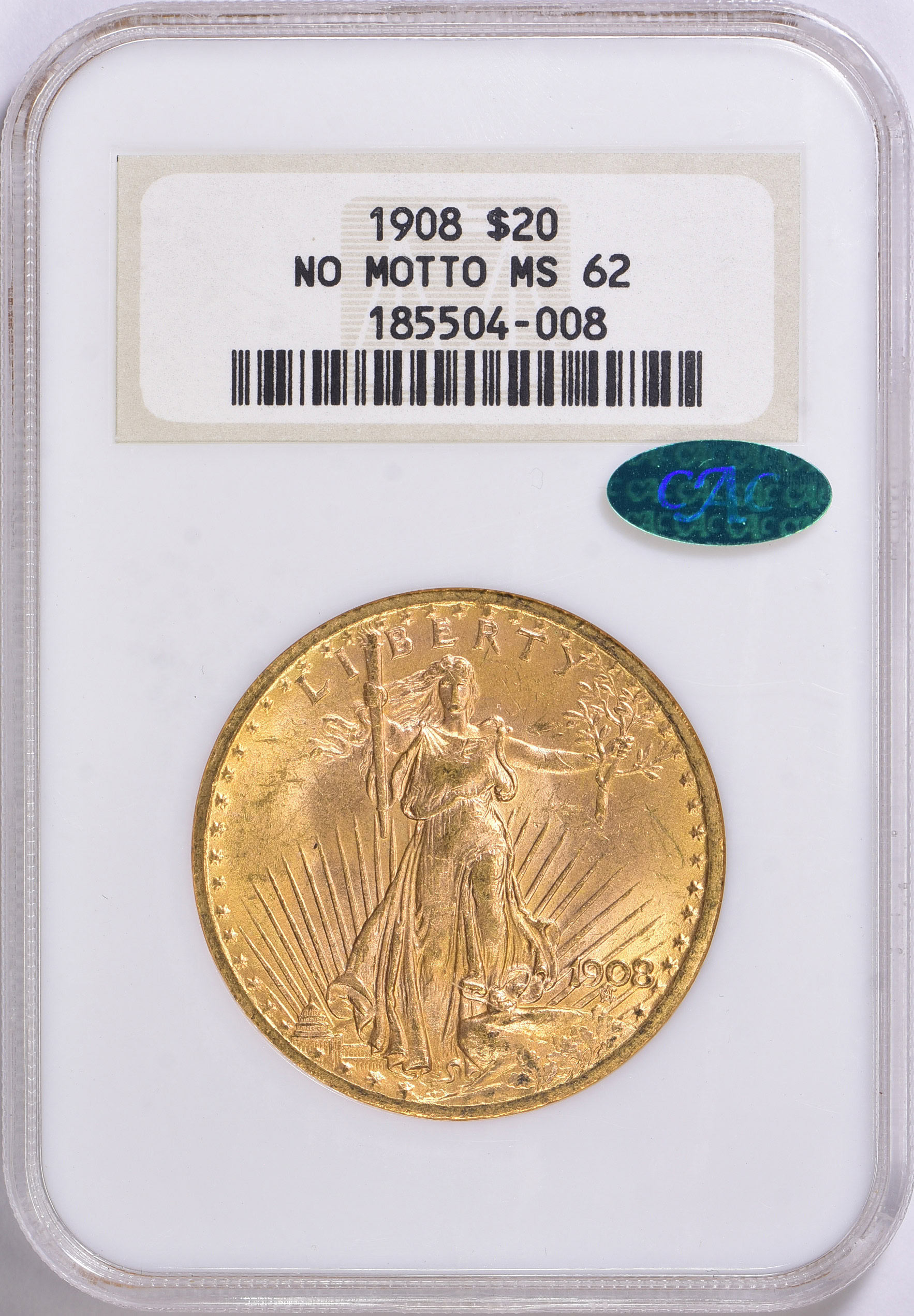 1908 Saint-Gaudens Gold Double Eagle No Motto NGC MS-62 (CAC Green) OH (Item 1738229 ...