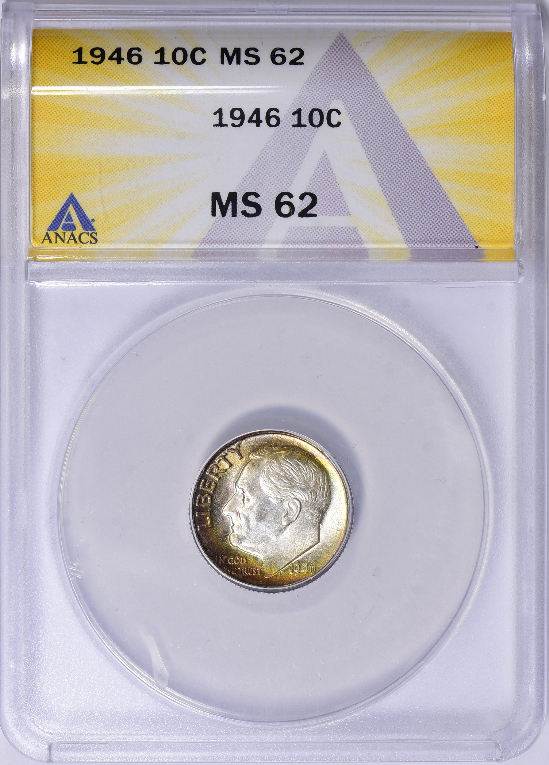 1946 Roosevelt Dime ANACS MS-62 (Toned) (Item 1738275) | GreatCollections Coin Auctions