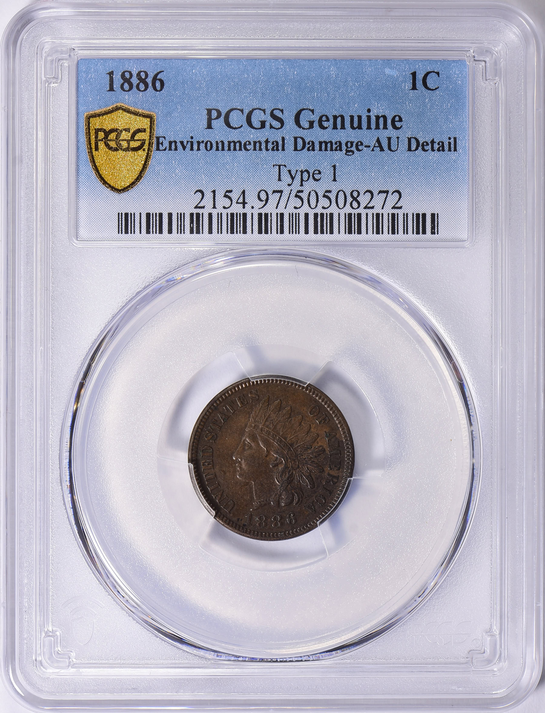 1886 Indian Cent Variety 1 PCGS Genuine AU Details (Item 1738623) | GreatCollections Coin Auctions