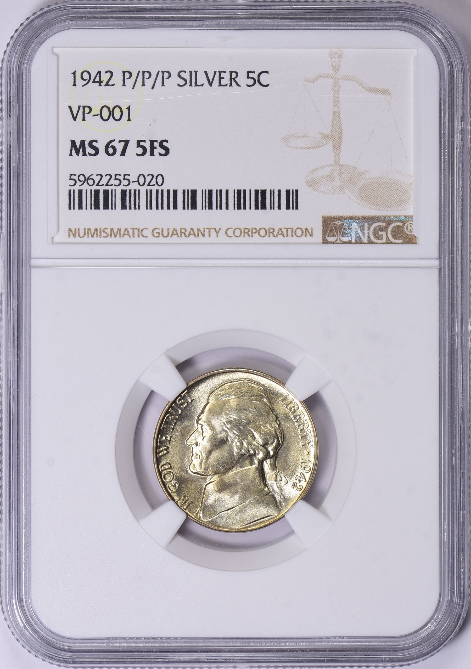 1942-P/P/P Jefferson Nickel VP-001 NGC MS-67 5FS (Item 1738811 ...