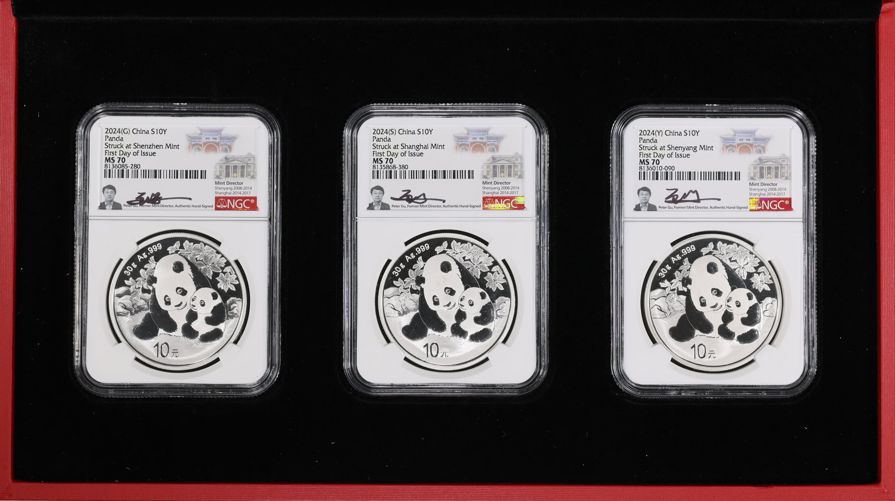 China 2024-(G/S/Y) Silver 10 Yuan Panda Set in Case of Issue First Day of Issue NGC MS-70 (Peter ...