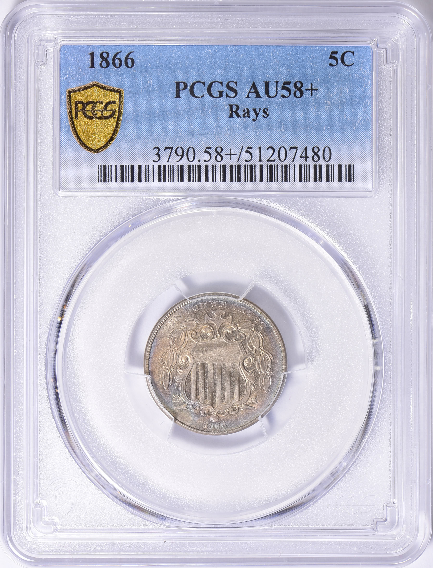 1866 Shield Nickel Rays PCGS AU-58+ (Toned) (Item 1738961) | GreatCollections Coin Auctions