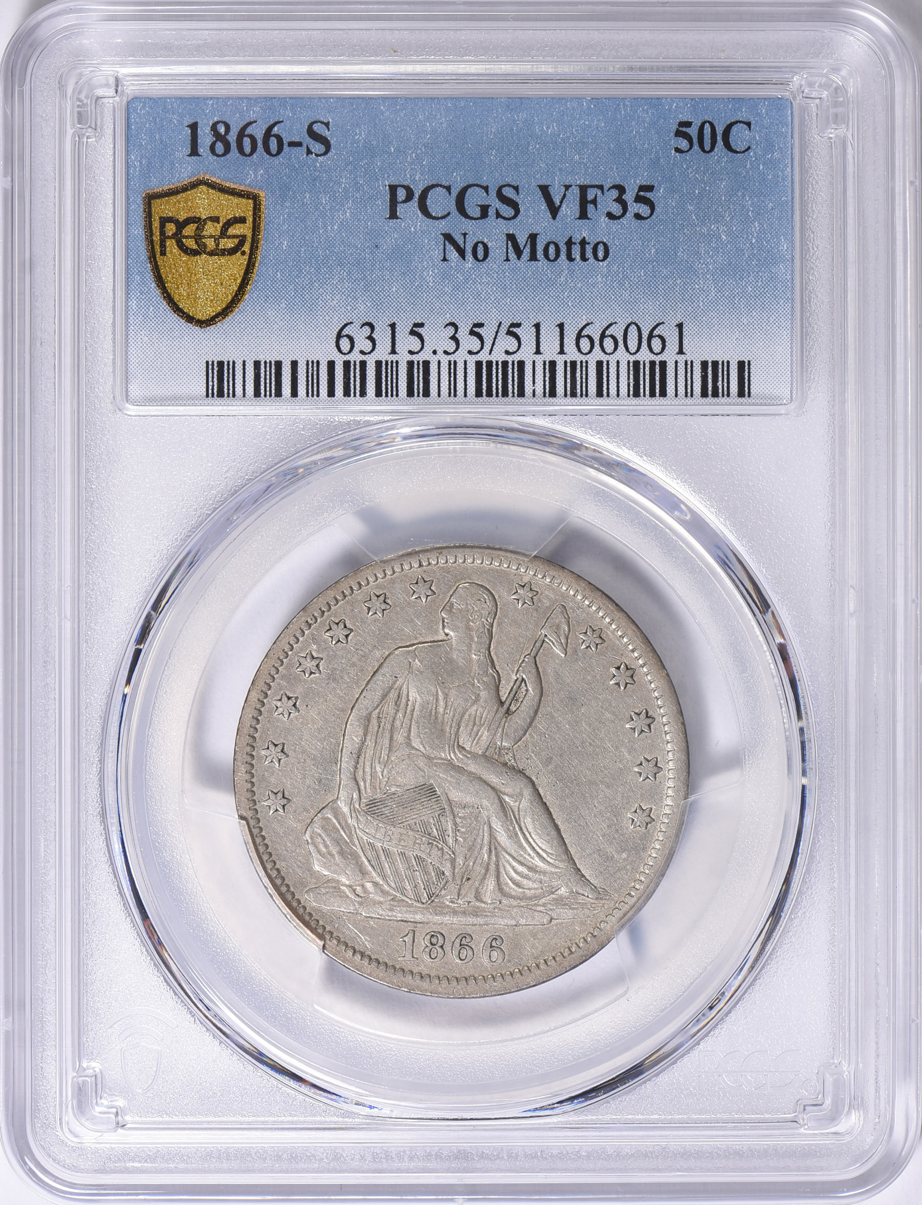 1866-S Seated Liberty Half Dollar No Motto PCGS VF-35 (Item 1739226) | GreatCollections Coin ...