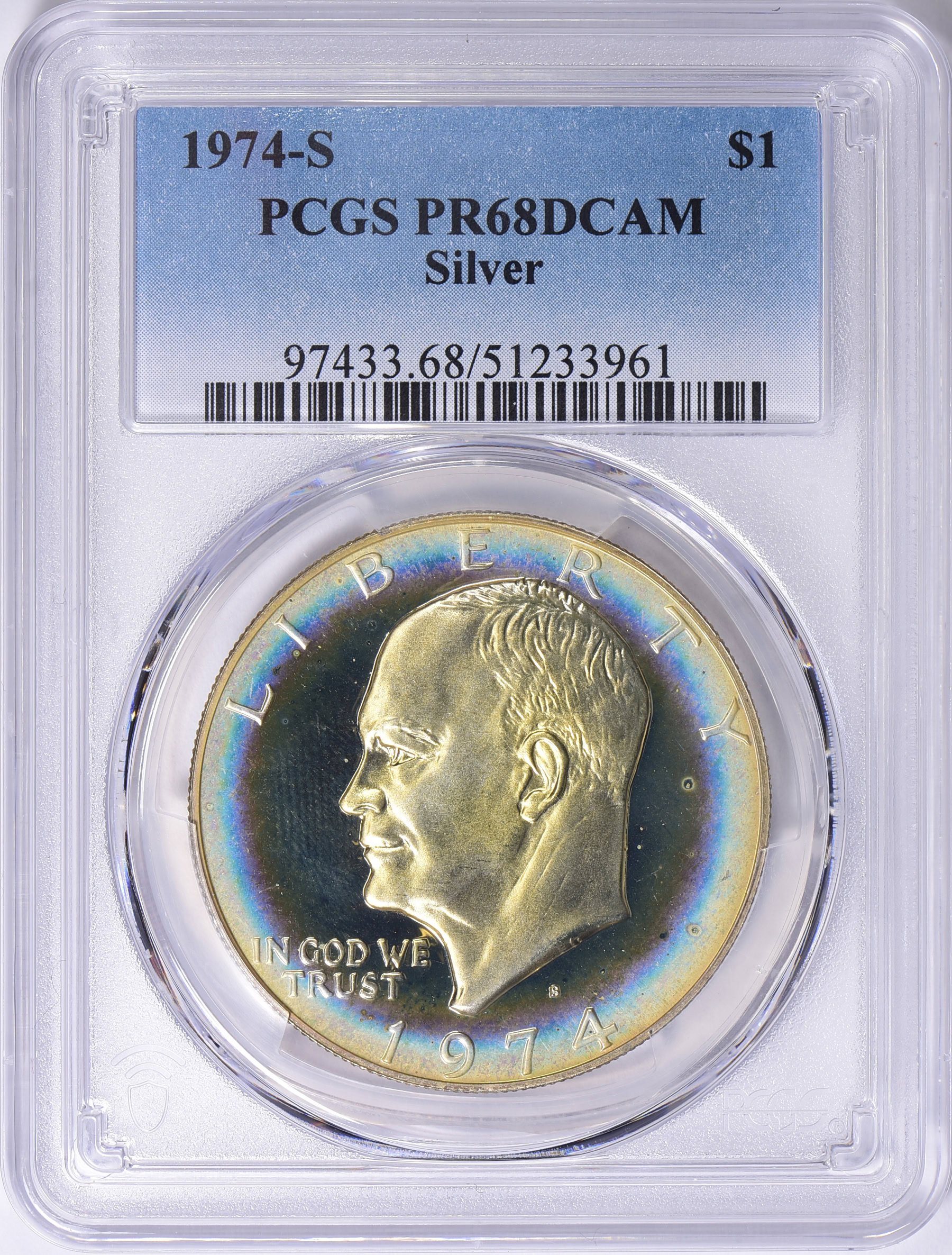 1974-S Eisenhower Dollar Silver PCGS Proof-68 DCAM (Toned) (Item 1739283) | GreatCollections ...