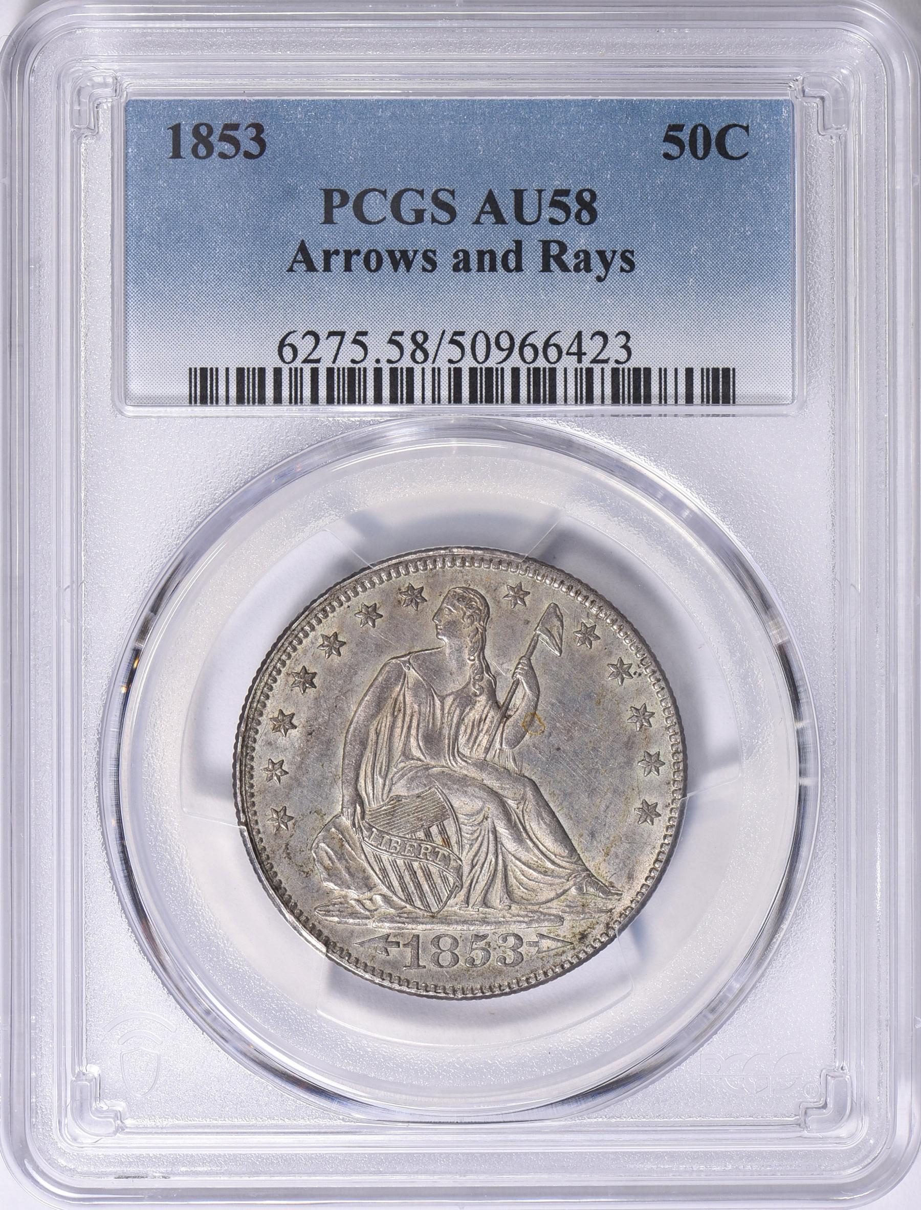 1853 Seated Liberty Half Dollar Arrows and Rays PCGS AU-58 (Item 1739319) | GreatCollections ...