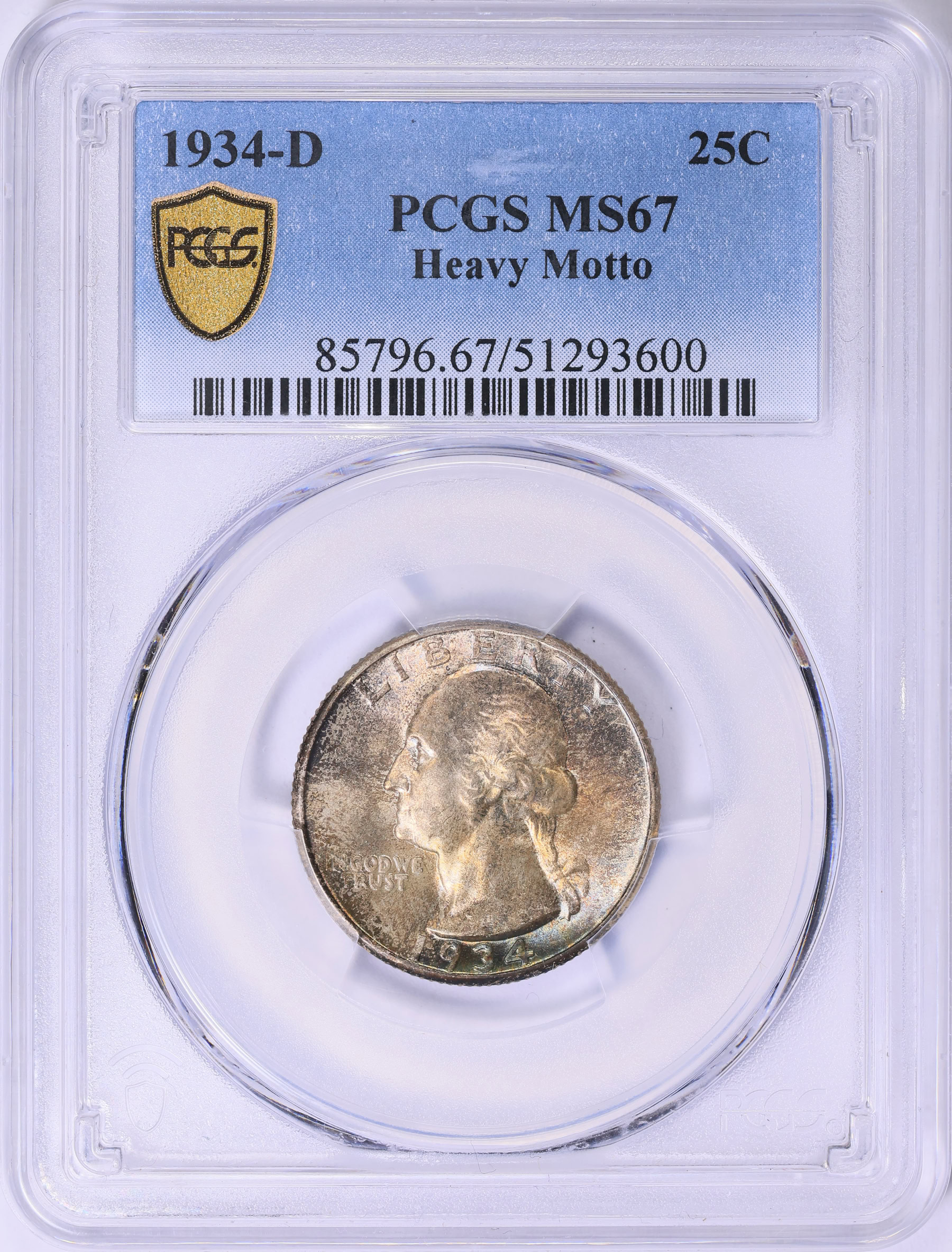 1934-D Washington Quarter Heavy Motto PCGS MS-67 (Toned) (Item 1739353) | GreatCollections Coin ...