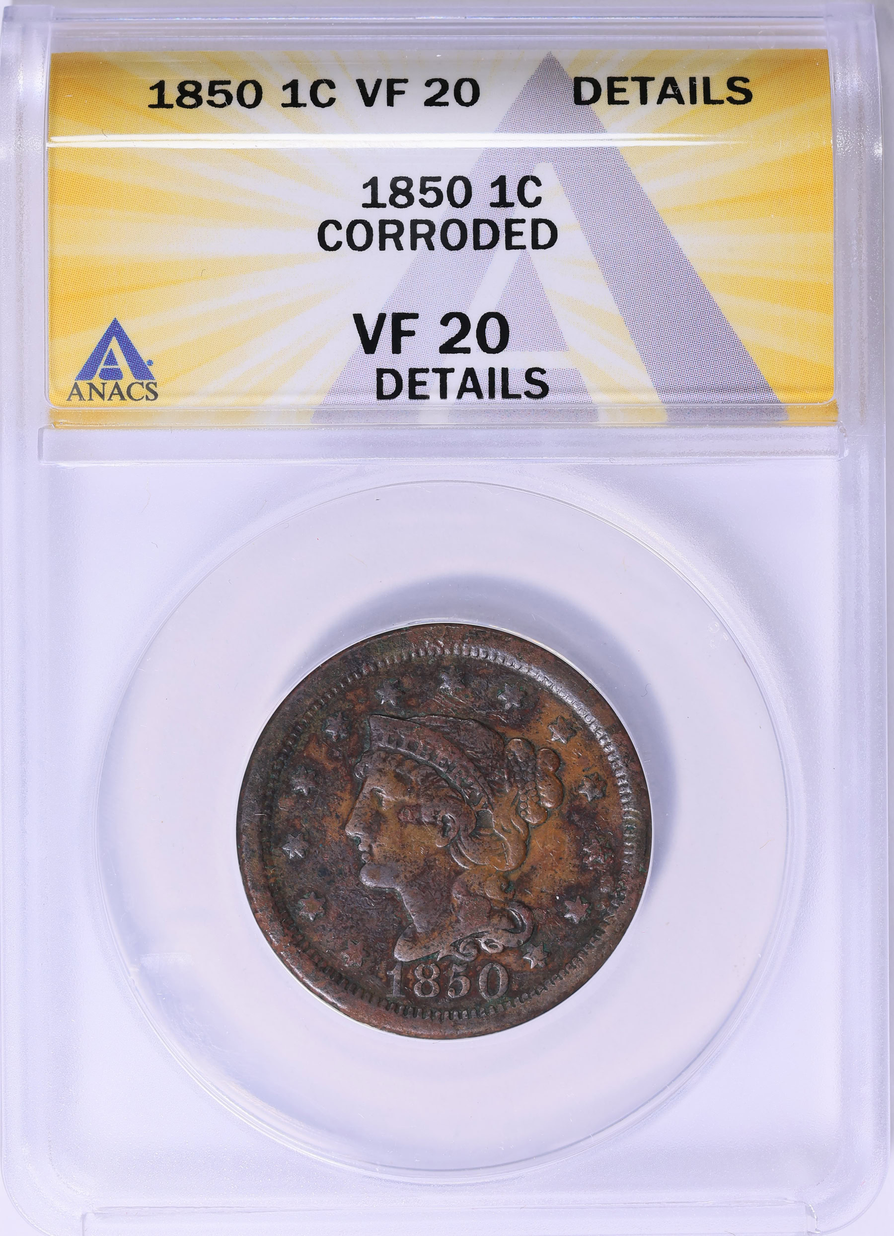 1850 Braided Hair Cent ANACS VF-20 Details (Item 1739381) | GreatCollections Coin Auctions