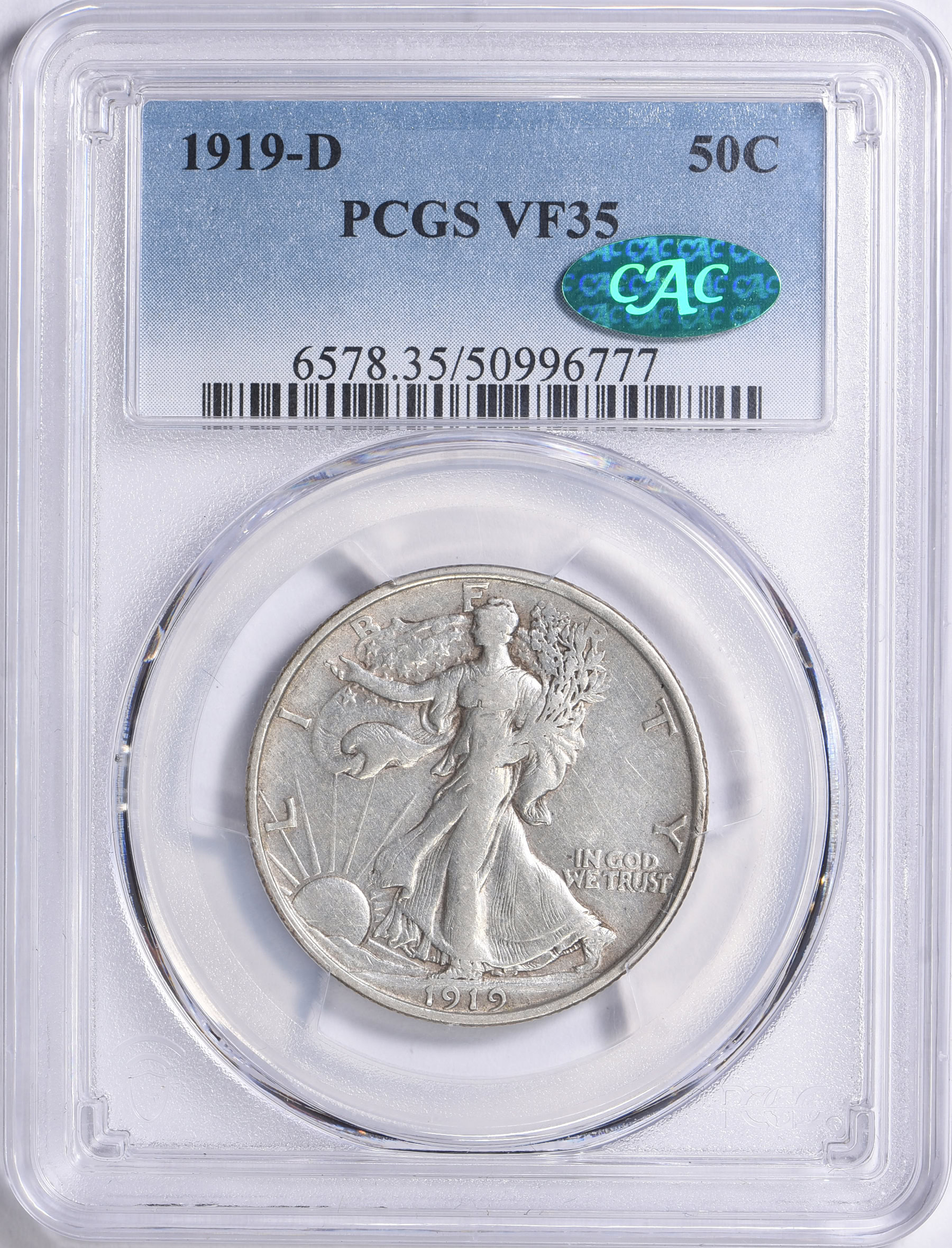 1919-D Walking Liberty Half Dollar PCGS VF-35 (CAC Green) (Item 1739639) | GreatCollections Coin ...
