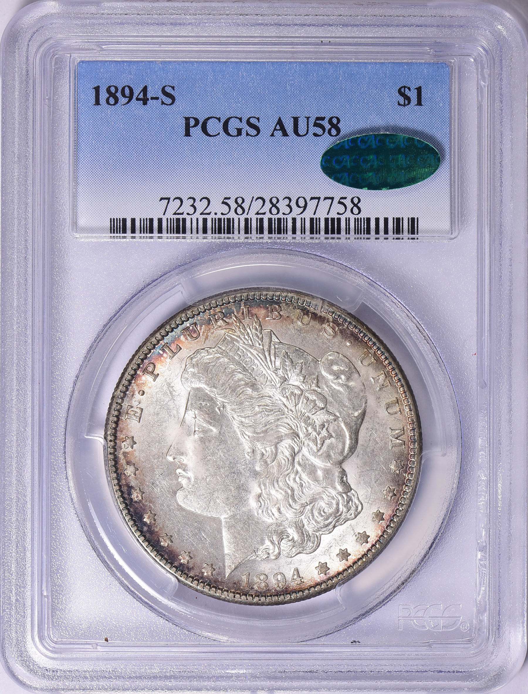 1894-S Morgan Silver Dollar PCGS AU-58 (CAC Green) (Toned) (Item 1739720) | GreatCollections ...