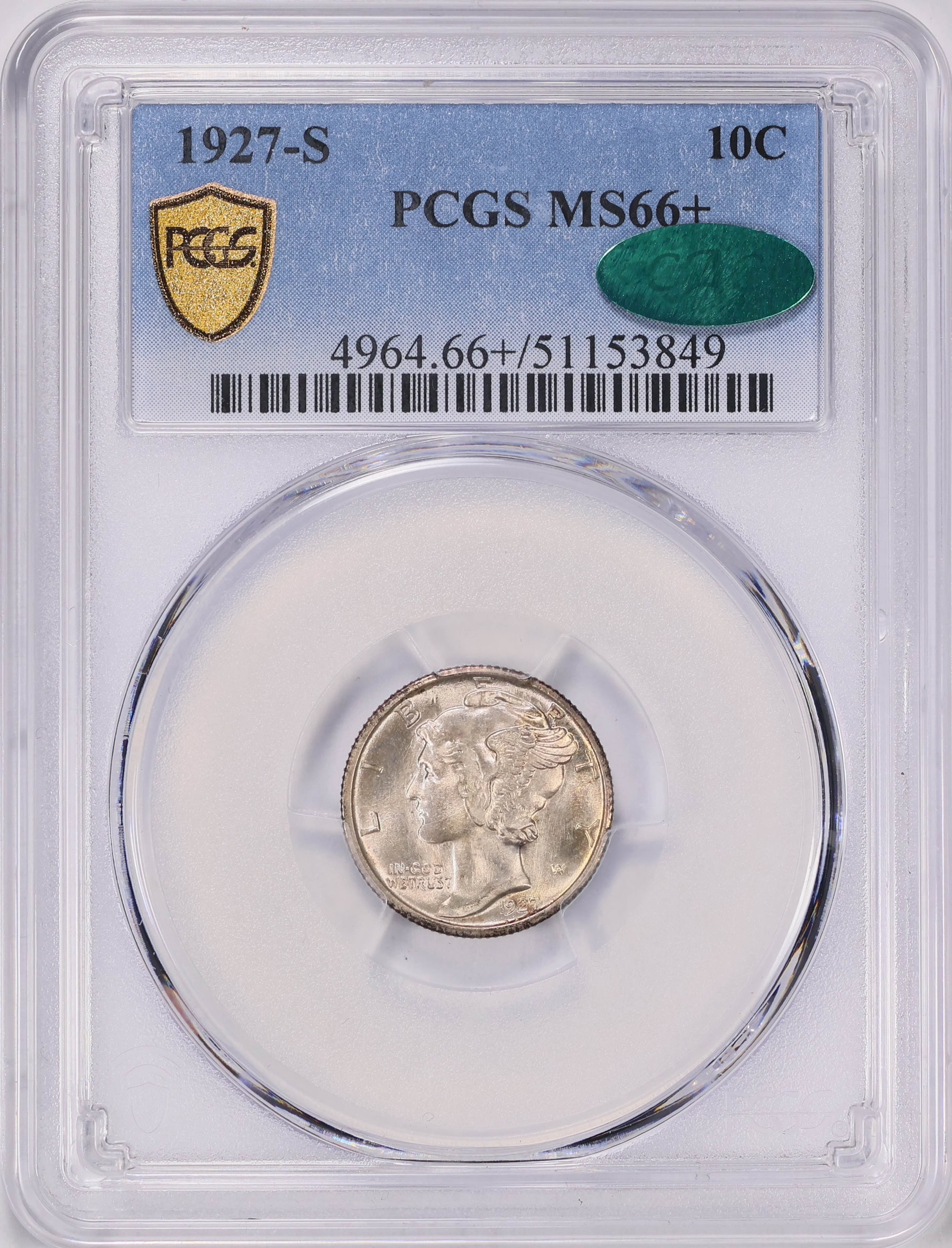 1927-S Mercury Dime PCGS MS-66+ (CAC Green) (Item 1740063) | GreatCollections Coin Auctions
