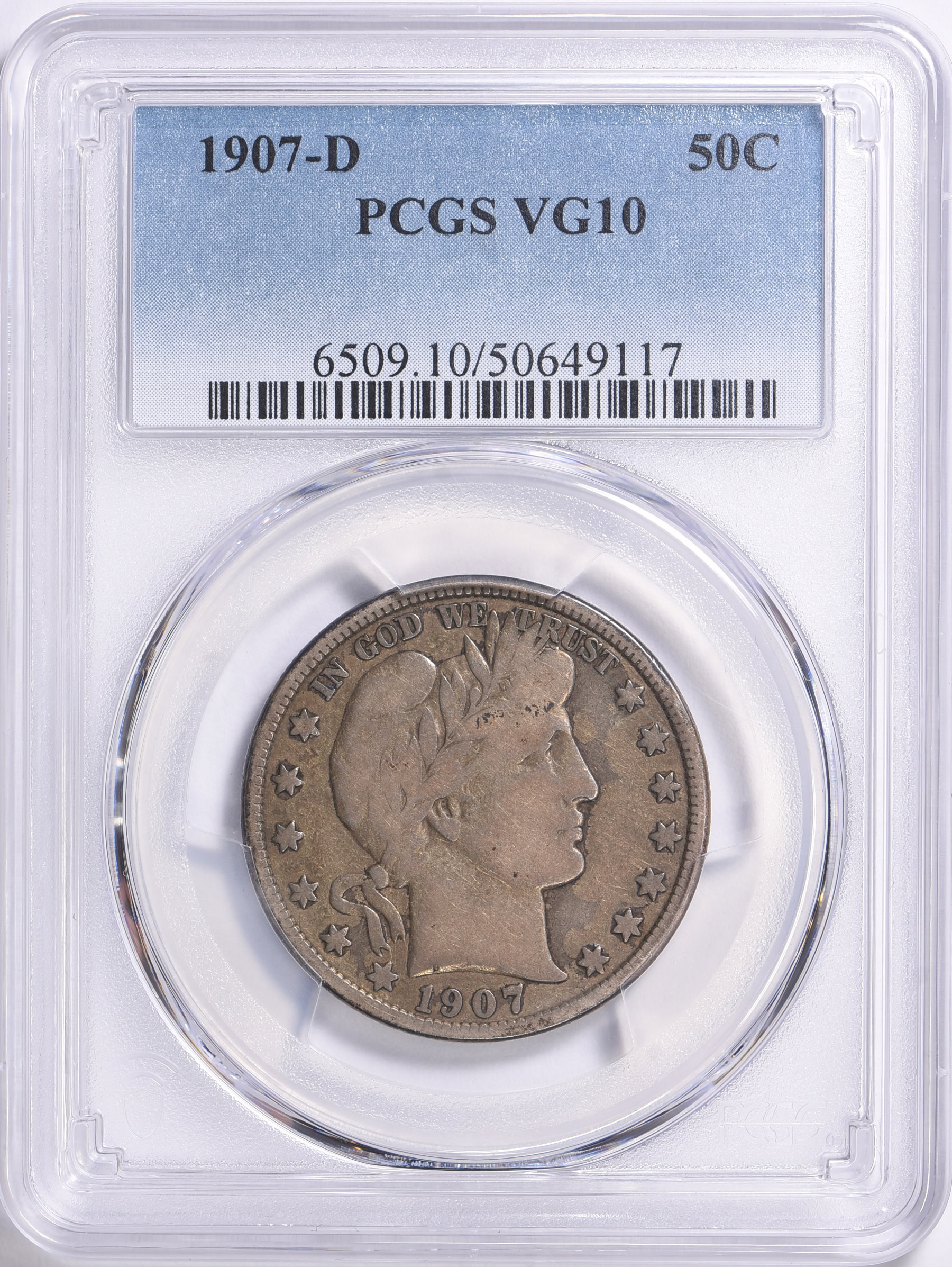 1907-D Barber Half Dollar PCGS VG-10 (Item 1740154) | GreatCollections Coin Auctions