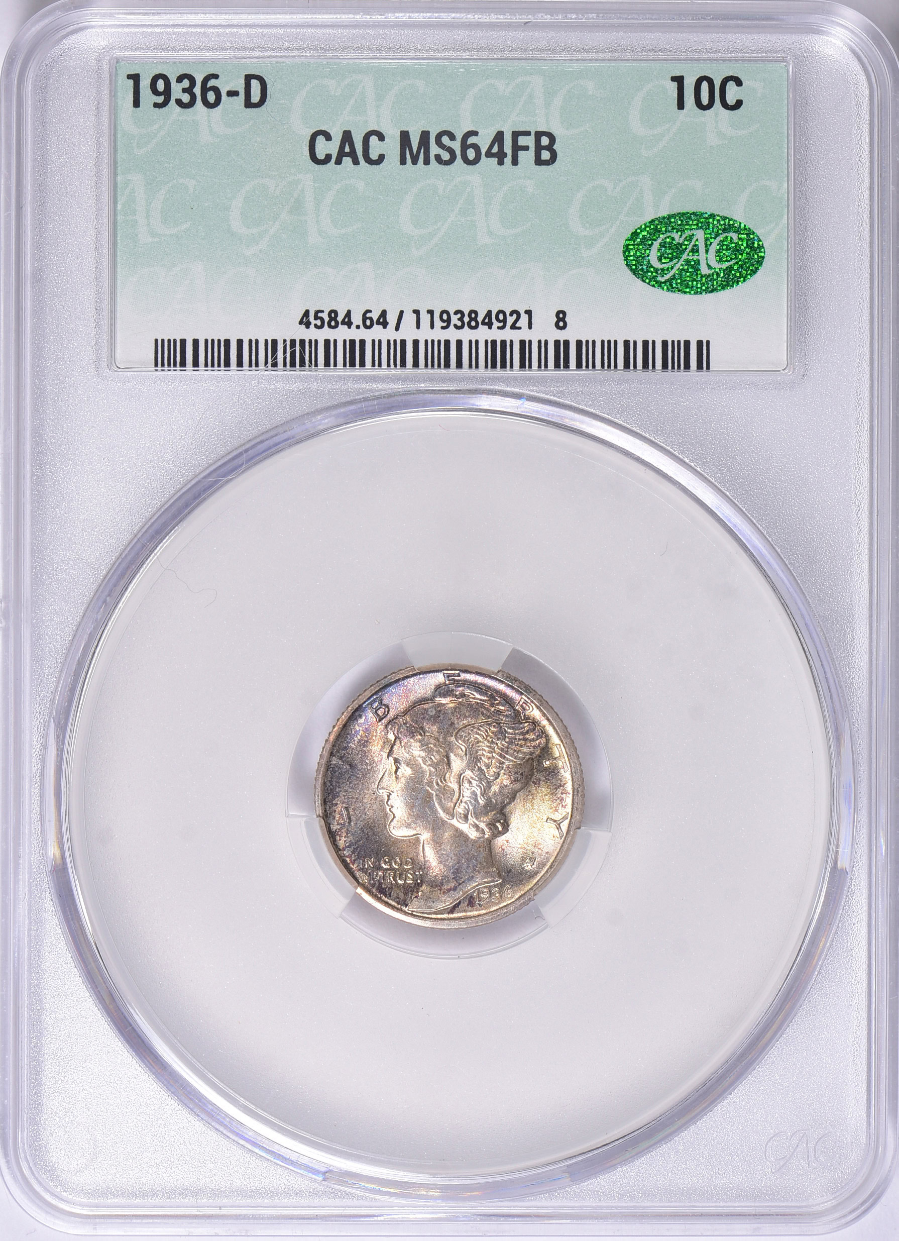 1936-D Mercury Dime CACG MS-64 FB (Toned) (Item 1740729) | GreatCollections Coin Auctions