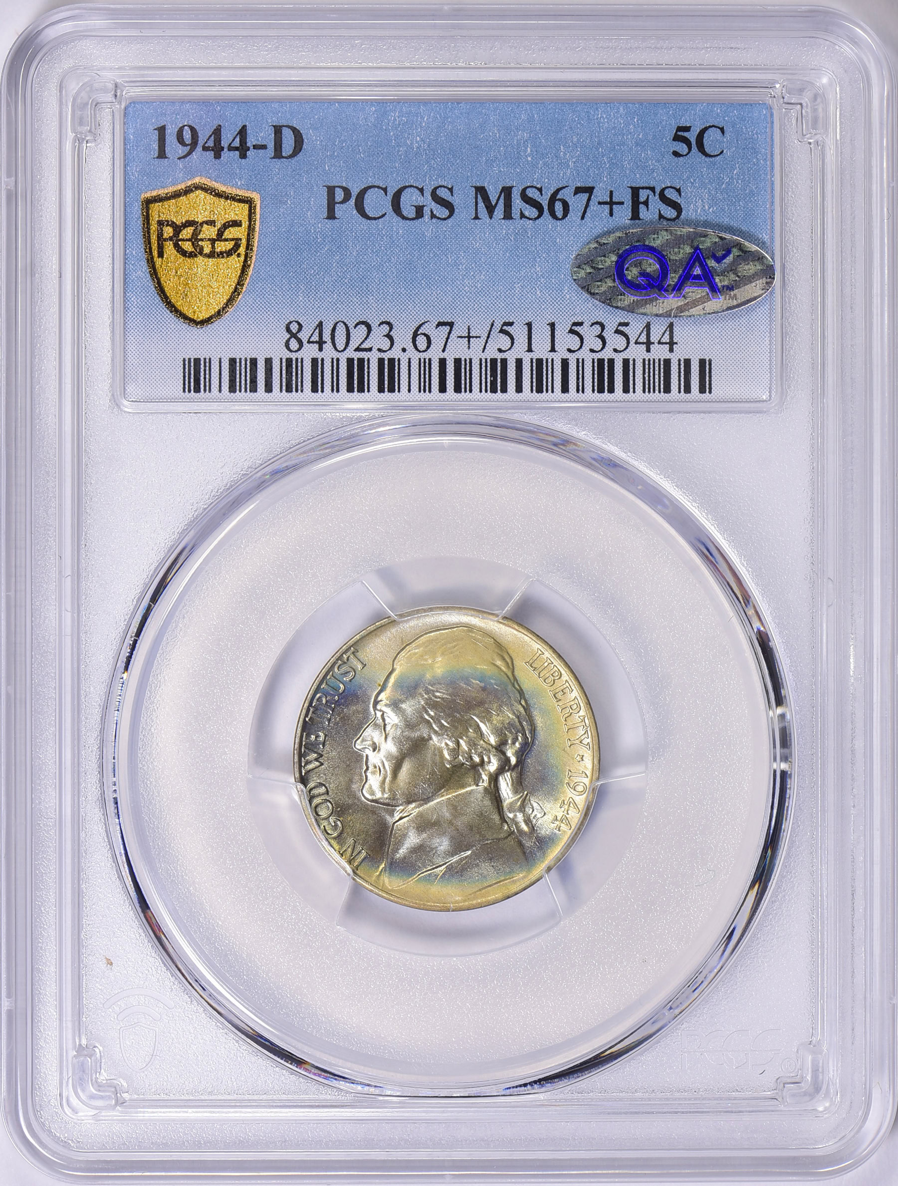 1944-D Jefferson Nickel PCGS MS-67+ FS (QA) (Toned) (Item 1740909) | GreatCollections Coin Auctions