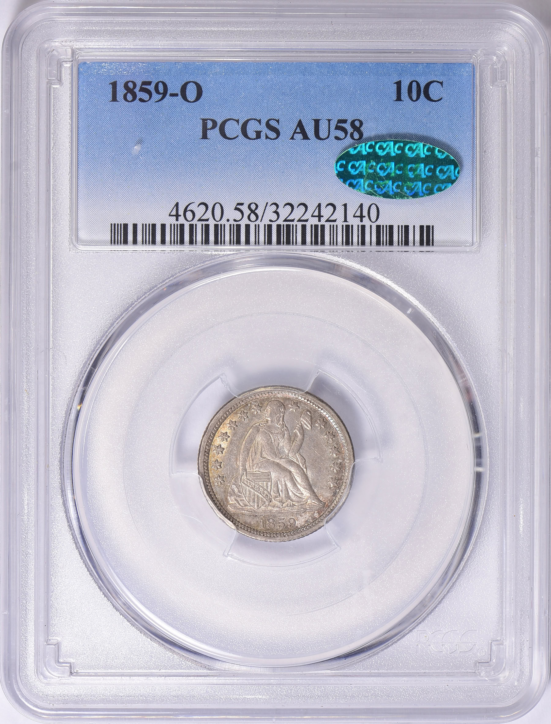 1859-O Seated Liberty Dime PCGS AU-58 (CAC Green) (Item 1741026) | GreatCollections Coin Auctions