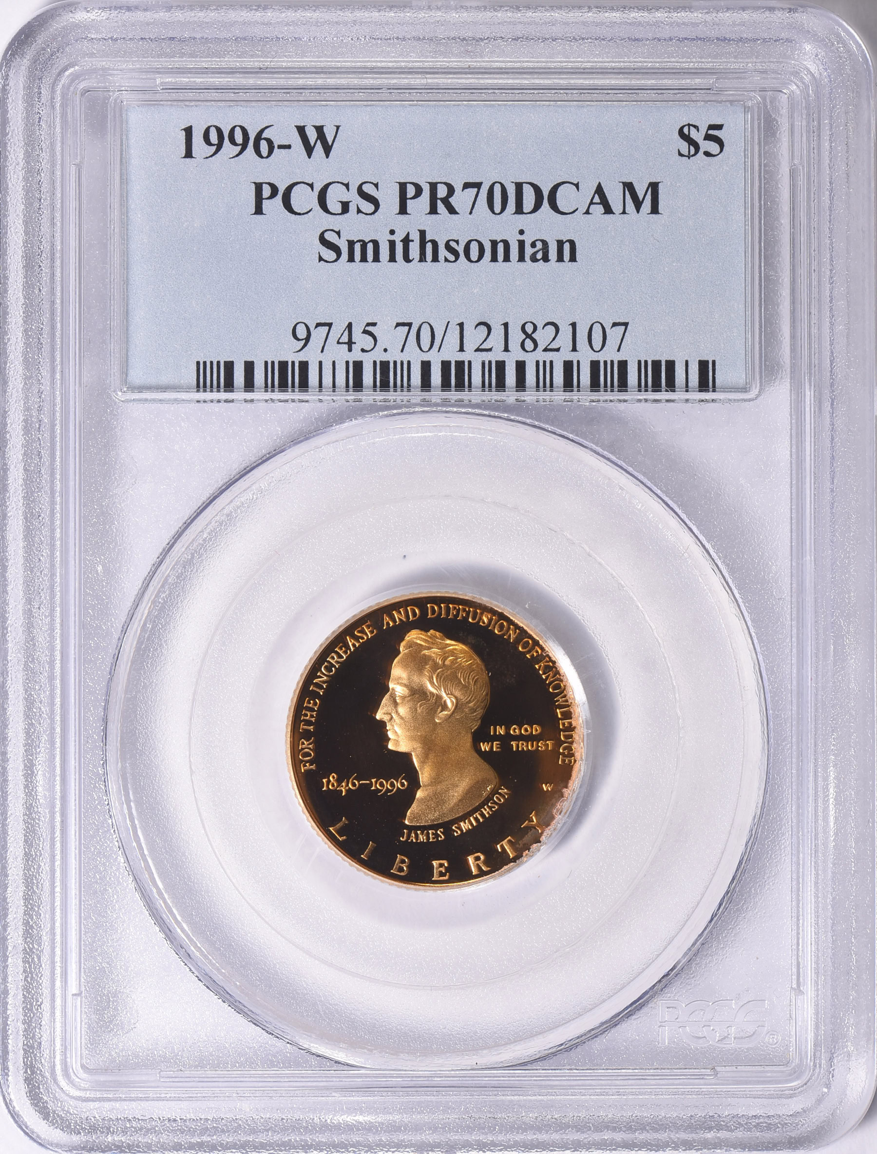 1996-W Smithsonian Institution 150th Anniversary Gold $5 PCGS Proof-70 ...