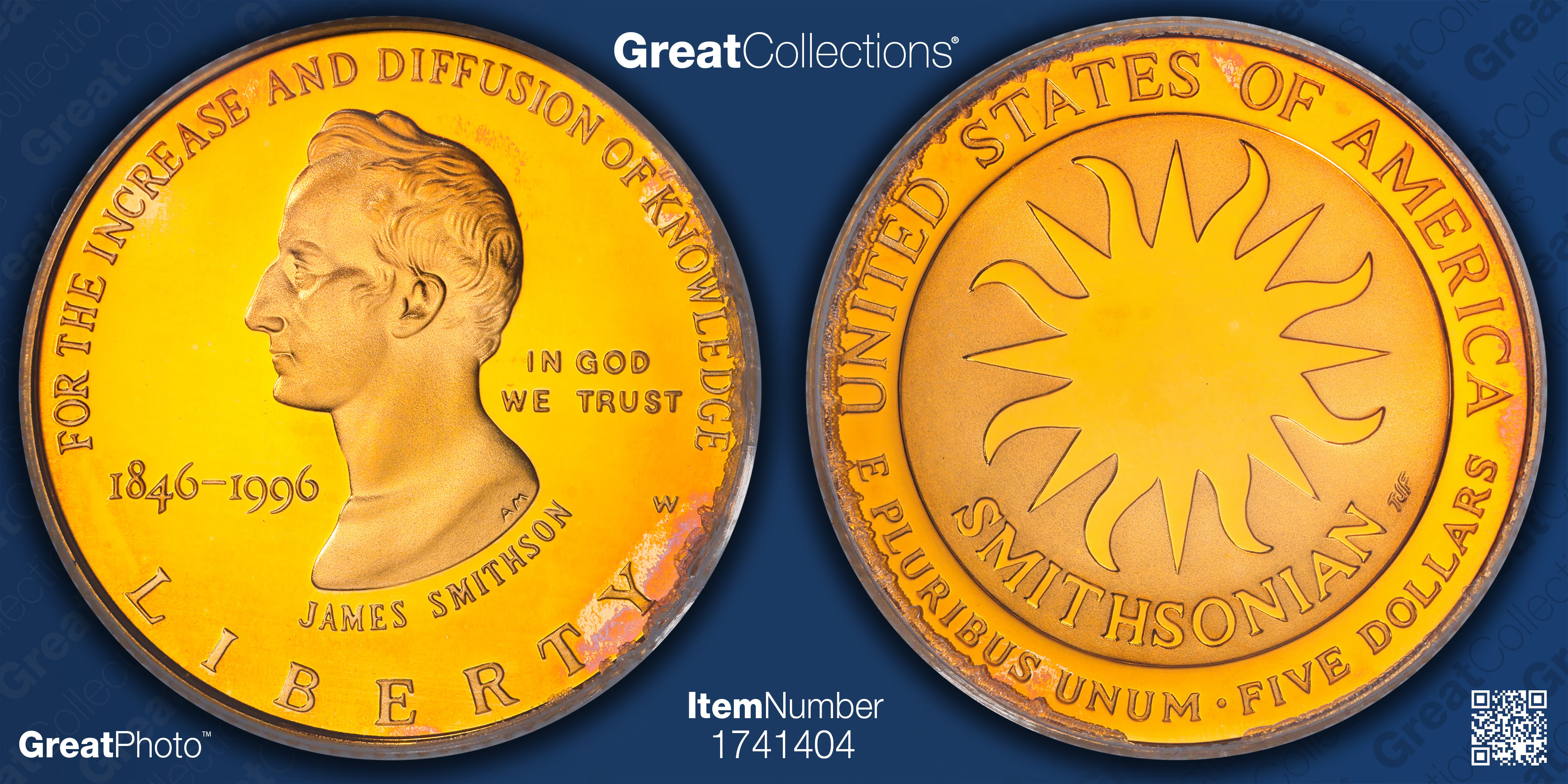 1996-W Smithsonian Institution 150th Anniversary Gold $5 PCGS Proof-70 ...