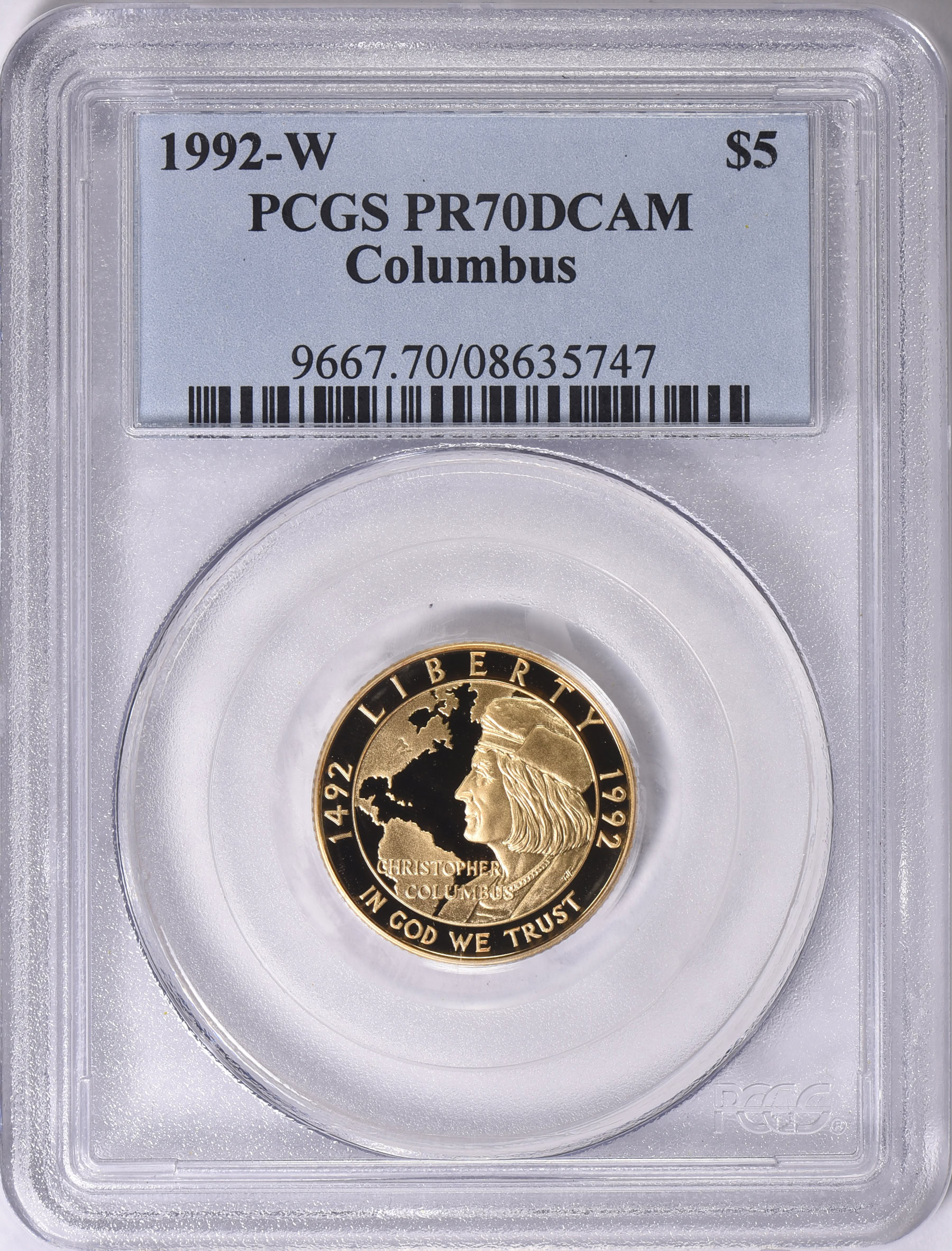 1992-W Christopher Columbus Quincentenary Gold $5 PCGS Proof-70 DCAM ...