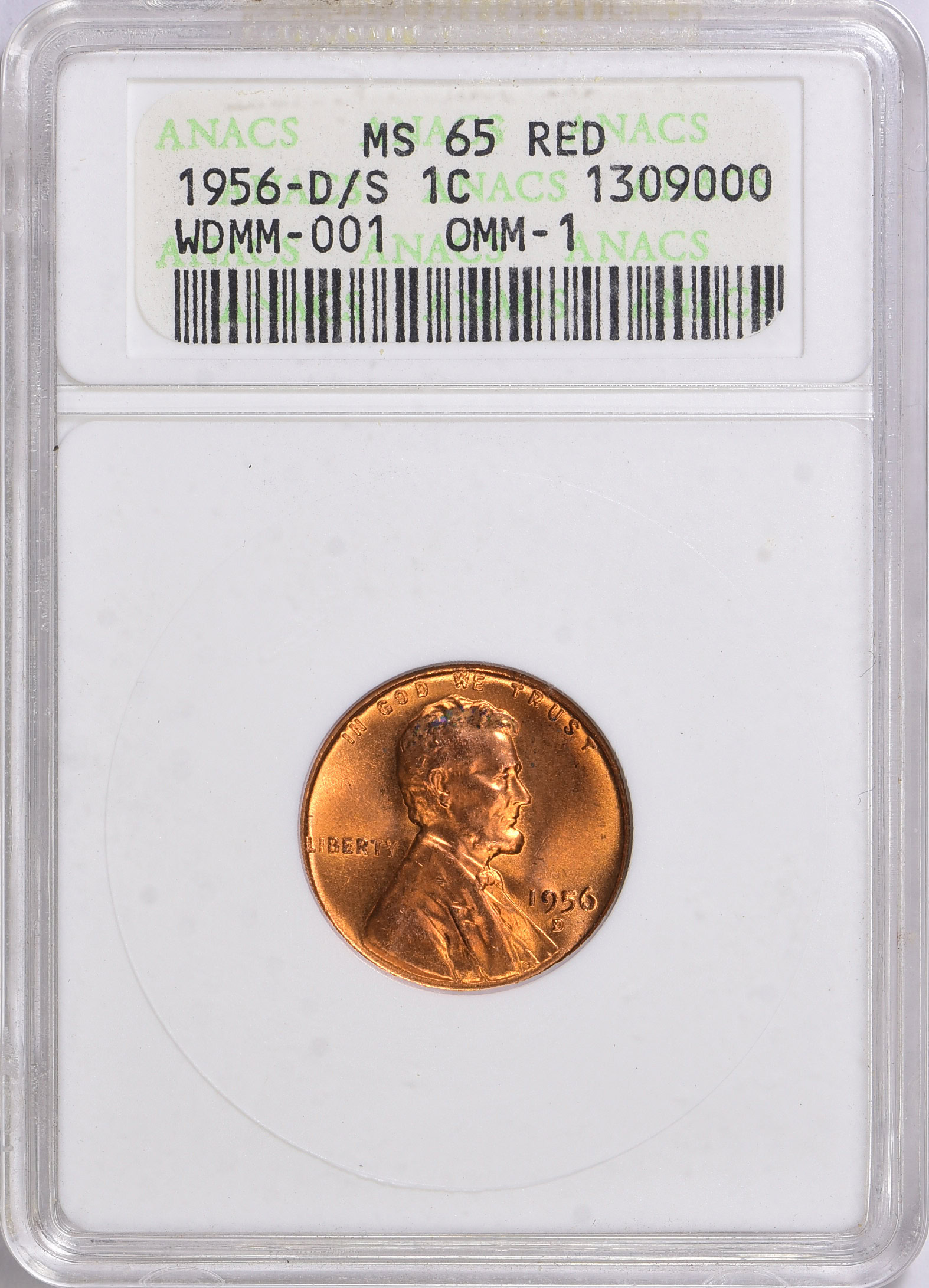 1956-D/S Lincoln Cent WDMM-001 OMM-1 ANACS MS-65 RD OH (Item 1741447) | GreatCollections Coin ...