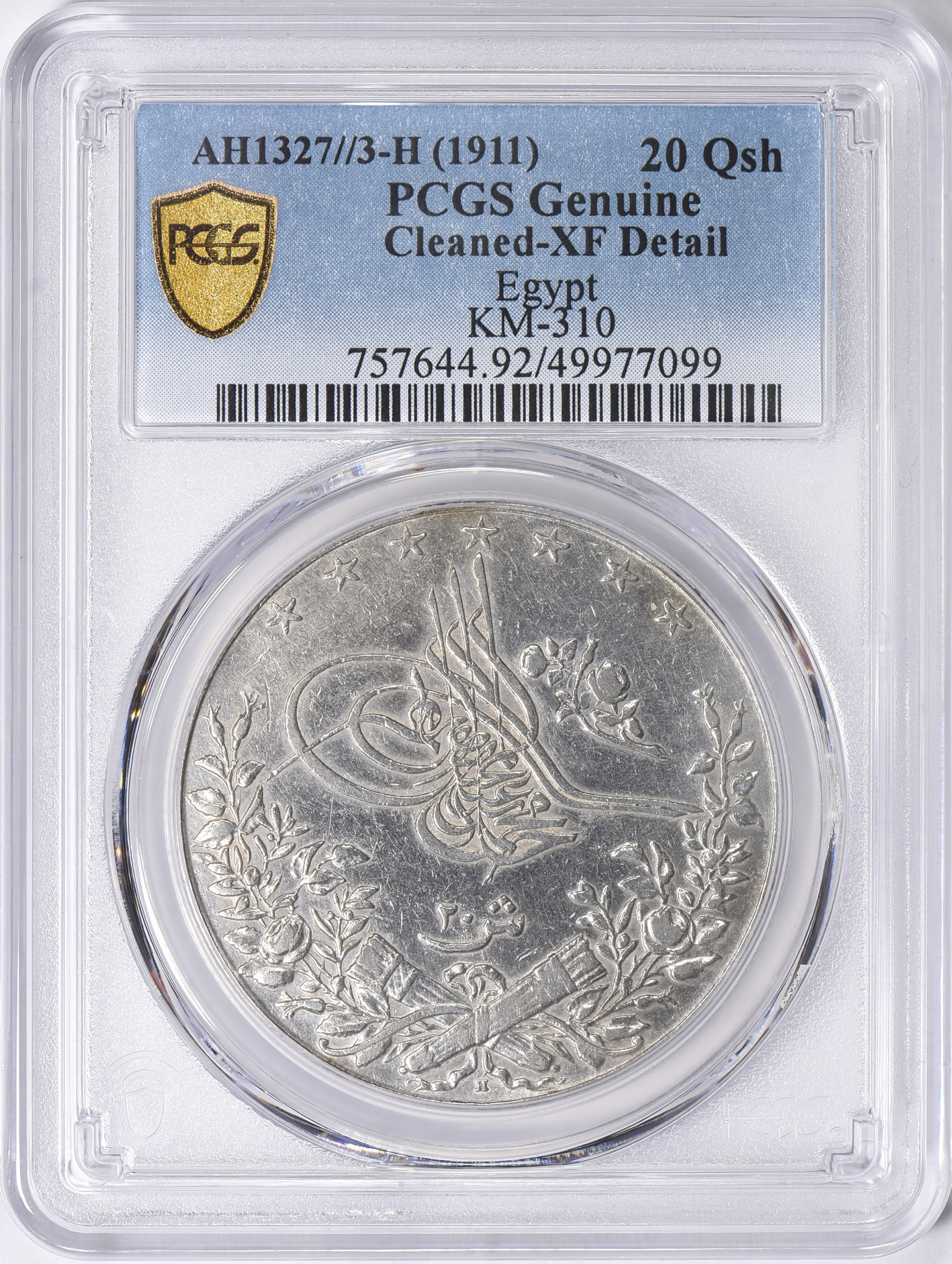Egypt AH 1327 Year 3 (1911)-H Silver 20 Qirsh KM-310 PCGS Genuine XF ...