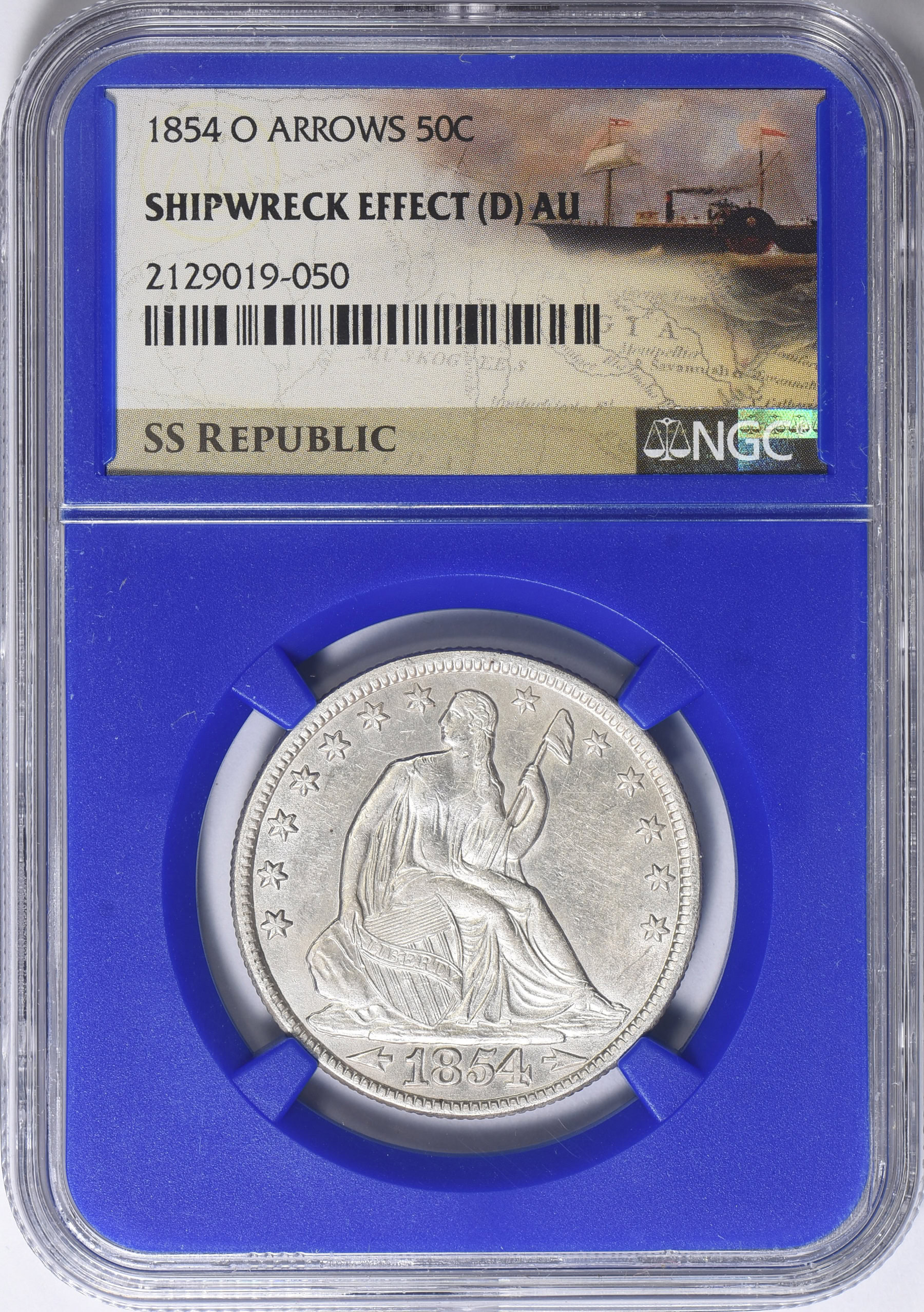 1854-O Seated Liberty Half Dollar Arrows SS Republic Shipwreck Effect (D) AU NGC Certified (Blue ...