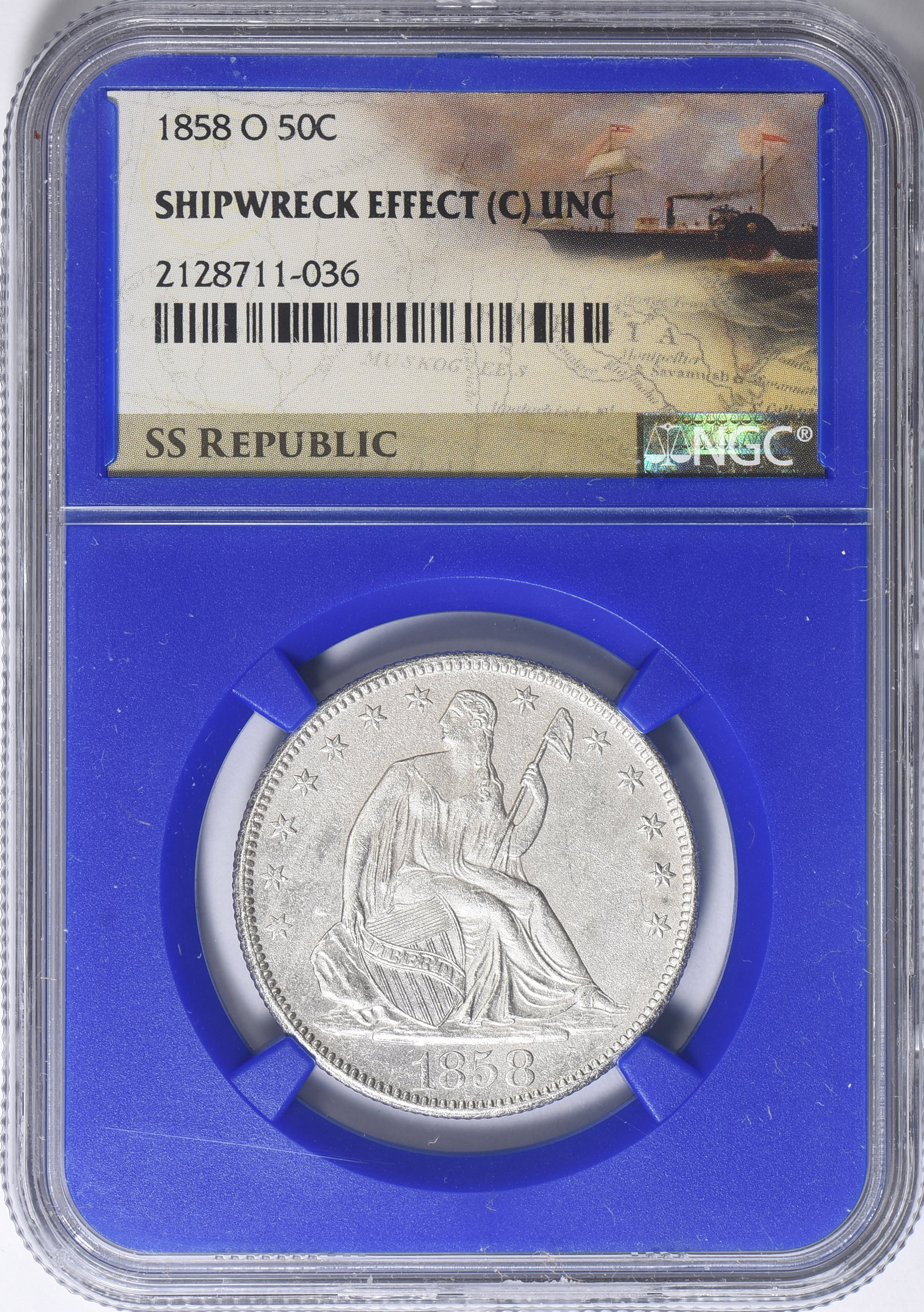 1858-O Seated Liberty Half Dollar SS Republic Shipwreck Effect (C) Unc ...