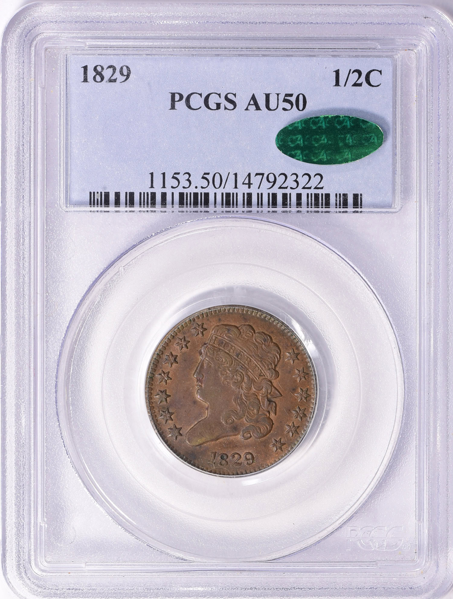 1829 Classic Half Cent PCGS AU-50 BN (CAC Green) (Item 1741839) | GreatCollections Coin Auctions