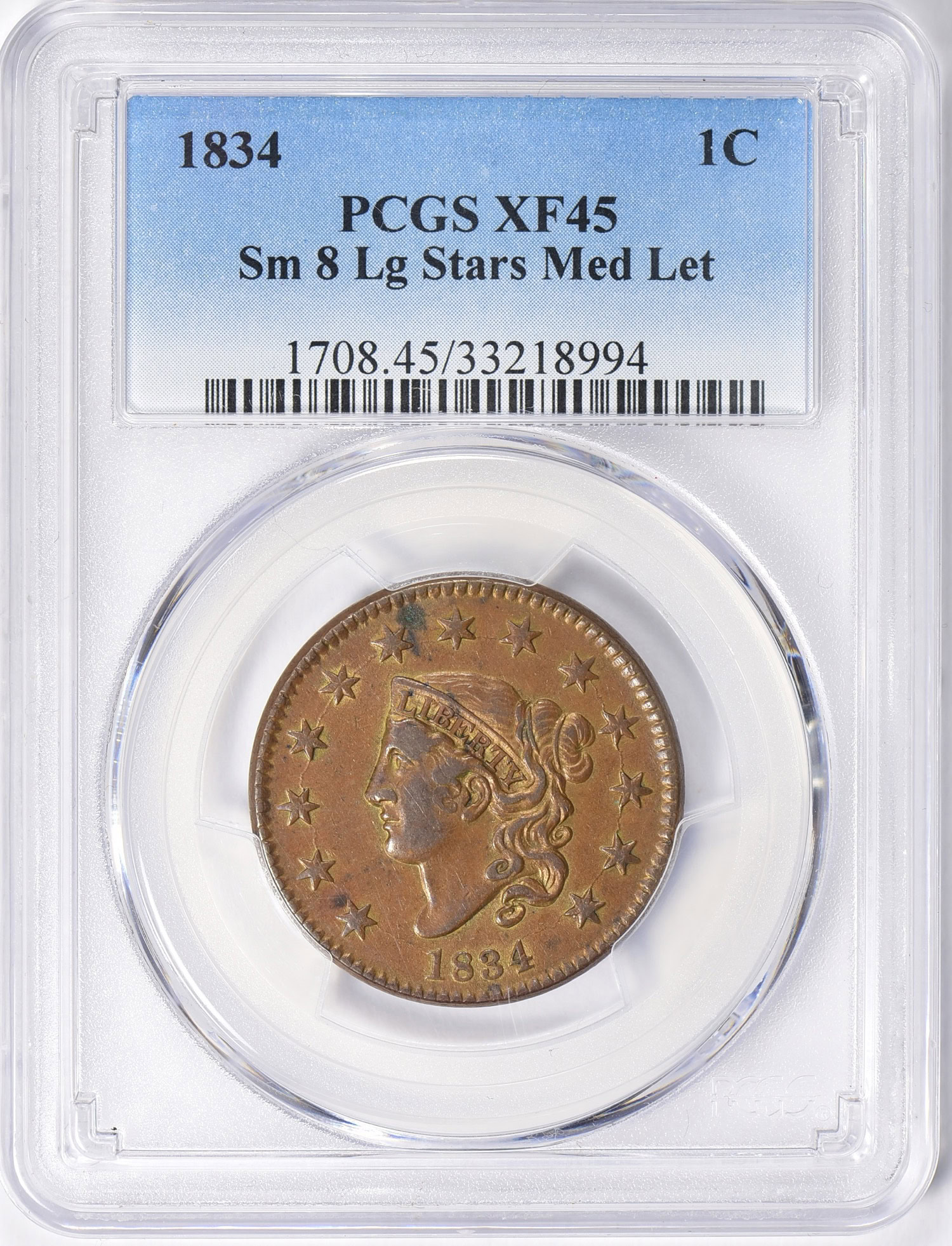 1834 Matron Cent Small 8, Large Stars, Medium Letters PCGS XF-45 BN (Item 1741841 ...