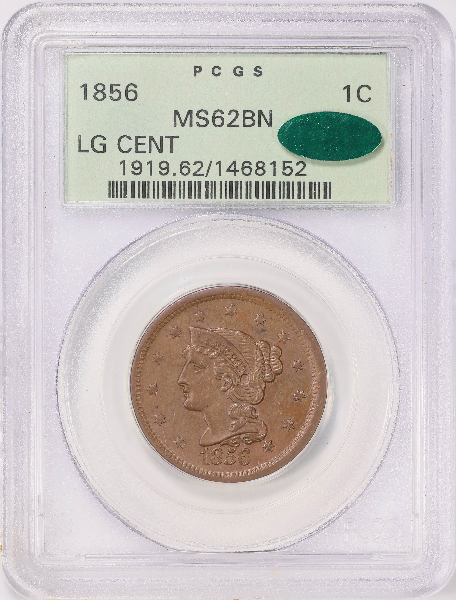 1856 Braided Hair Cent Large Cent PCGS MS-62 BN (CAC Green) OGH (Item 1741842 ...