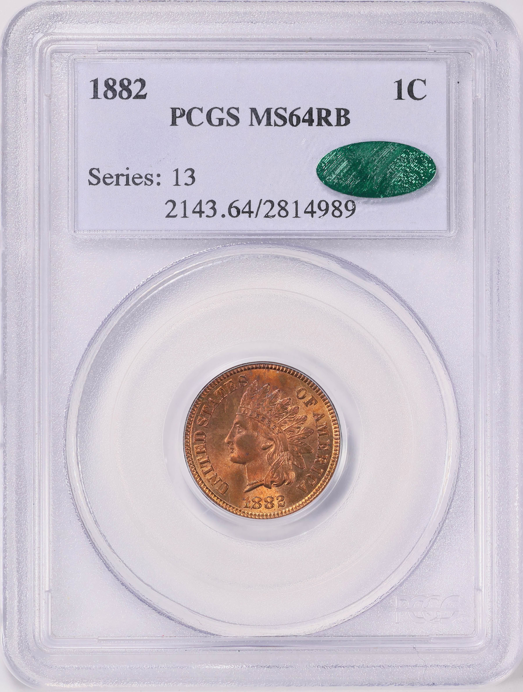 1882 Indian Cent PCGS MS-64 RB (CAC Green) (Item 1741847) | GreatCollections Coin Auctions