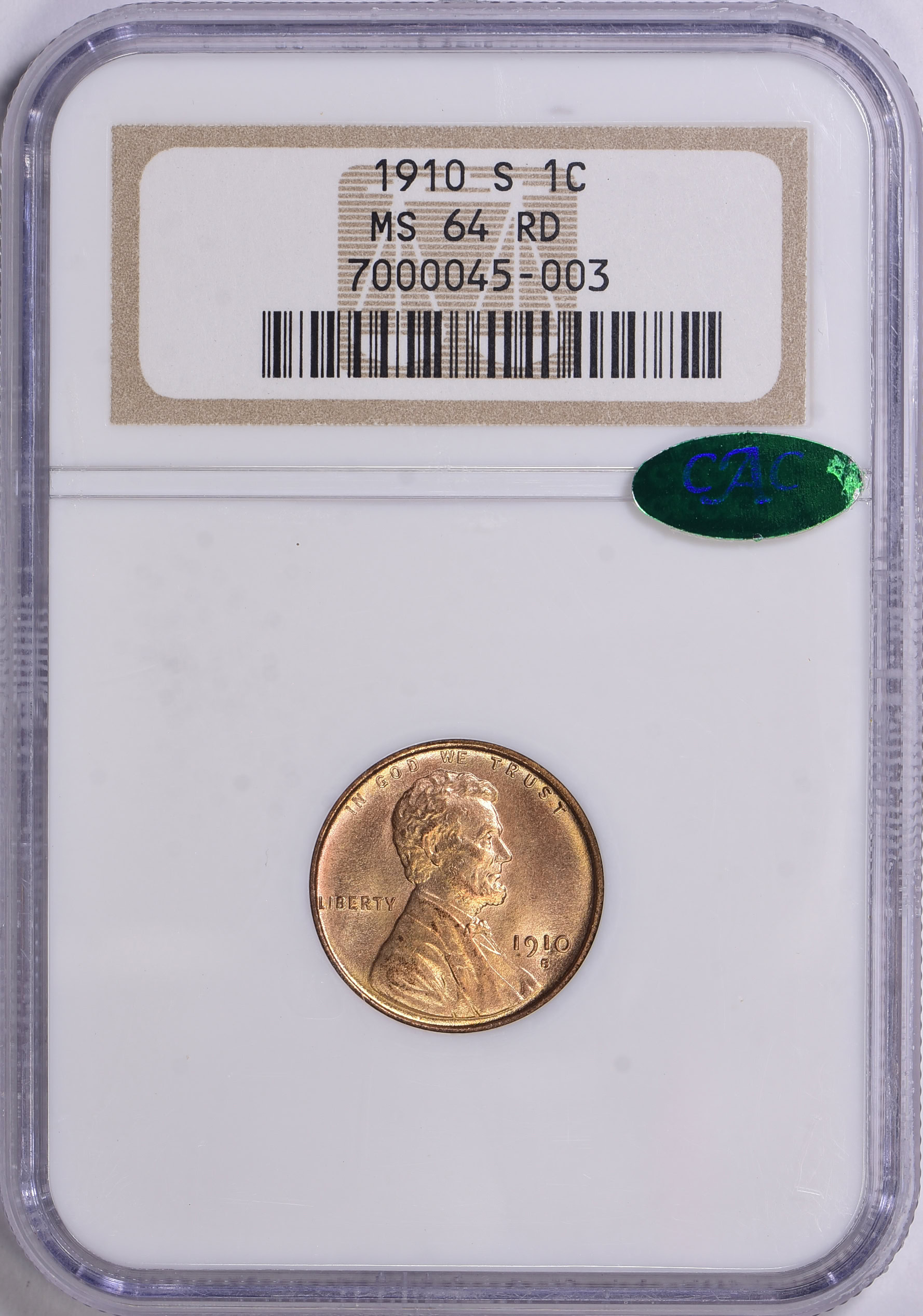 1910-S Lincoln Cent NGC MS-64 RD (CAC Green) (Item 1741879) | GreatCollections Coin Auctions