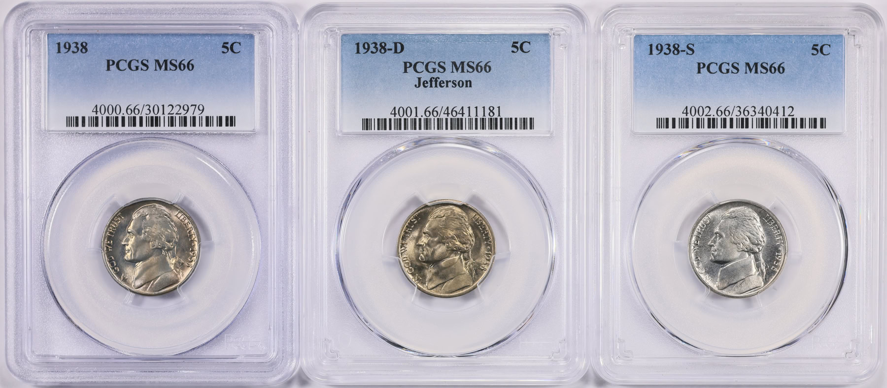 1938-P/D/S Set Jefferson Nickel PCGS MS-66 (3 Coins) (Item 1741894) | GreatCollections Coin Auctions
