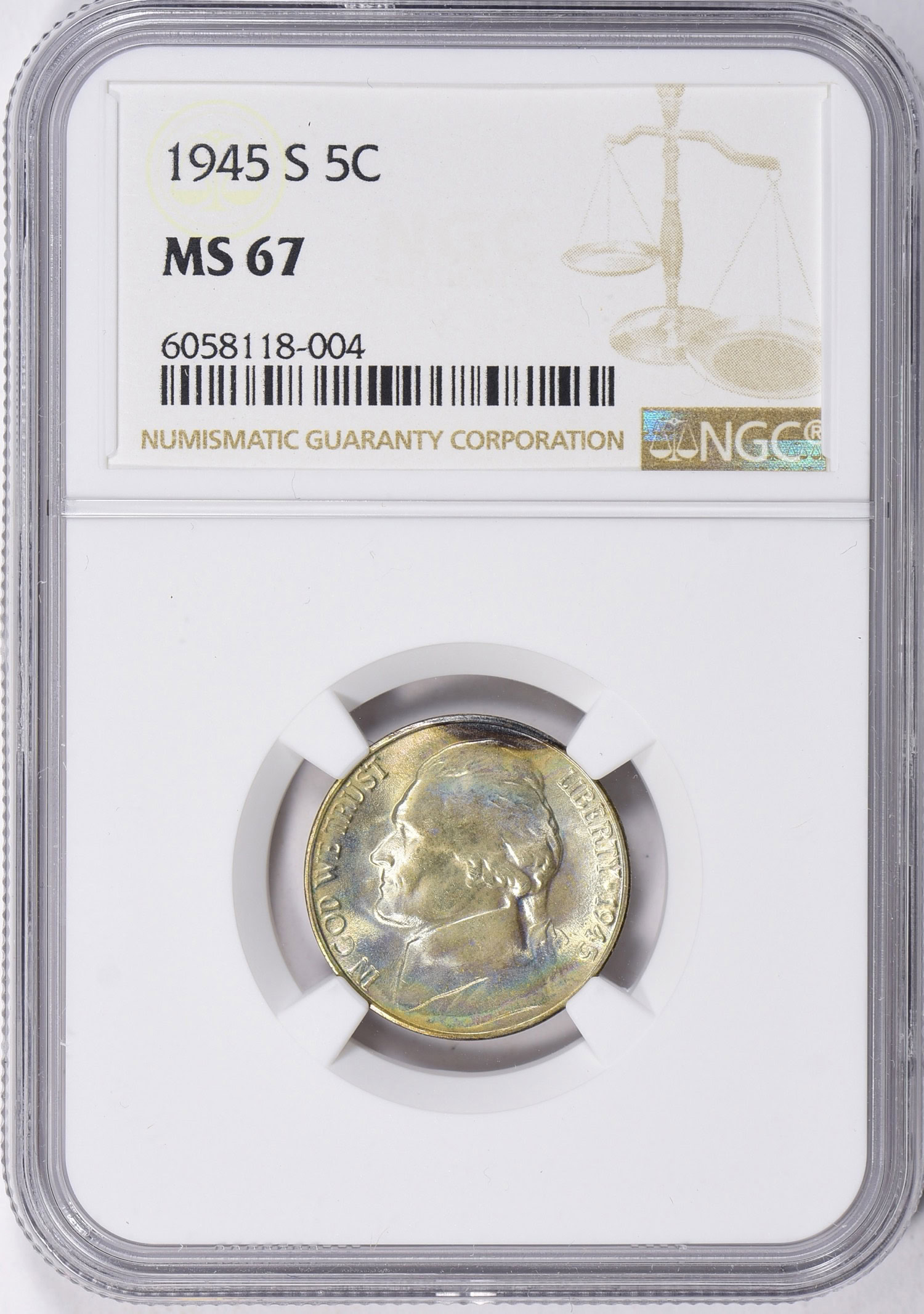 1945-S Jefferson Nickel NGC MS-67 (Toned) (Item 1741896) | GreatCollections Coin Auctions