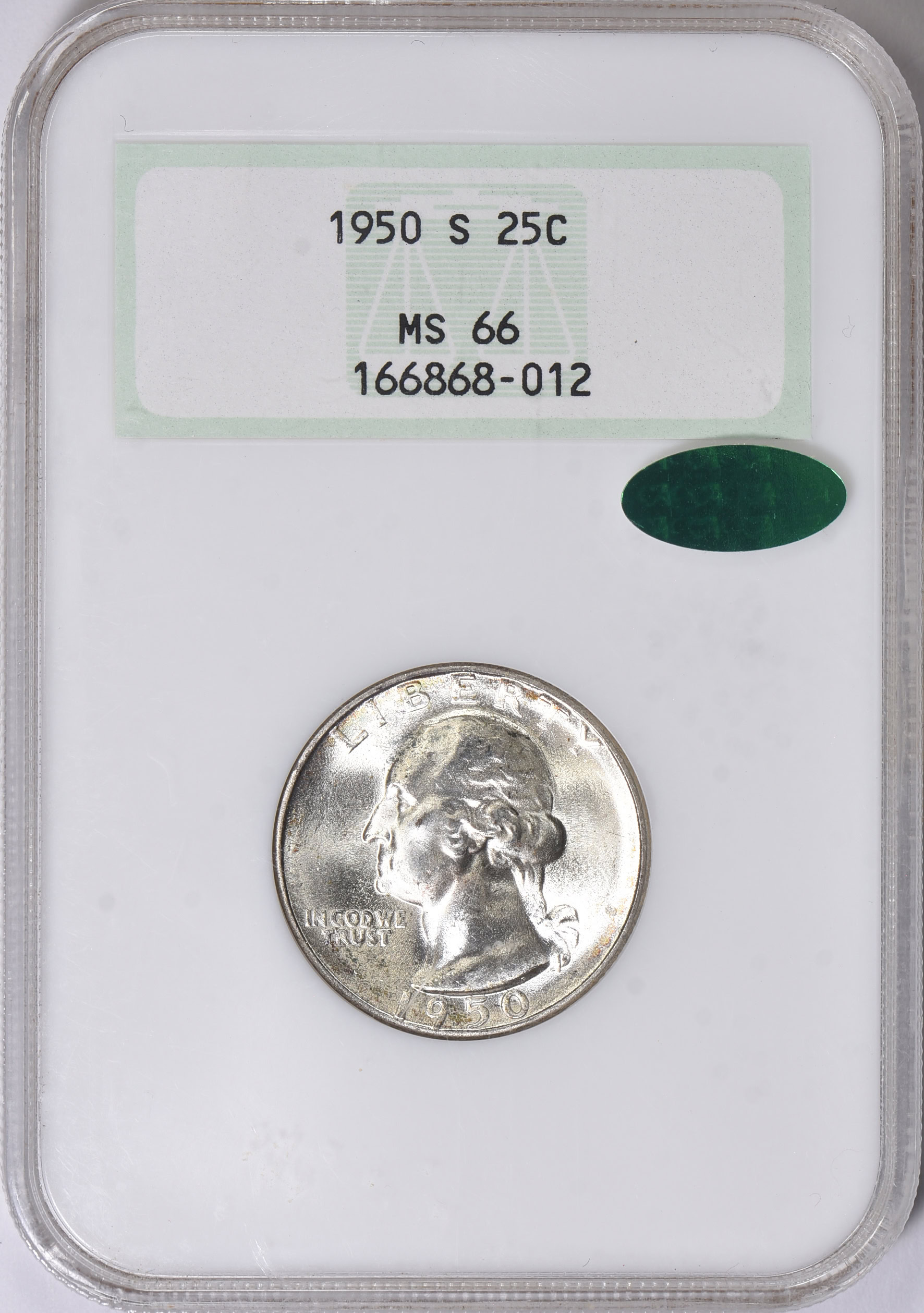 1950-S Washington Quarter NGC MS-66 (CAC Green) OH (Item 1741917) | GreatCollections Coin Auctions