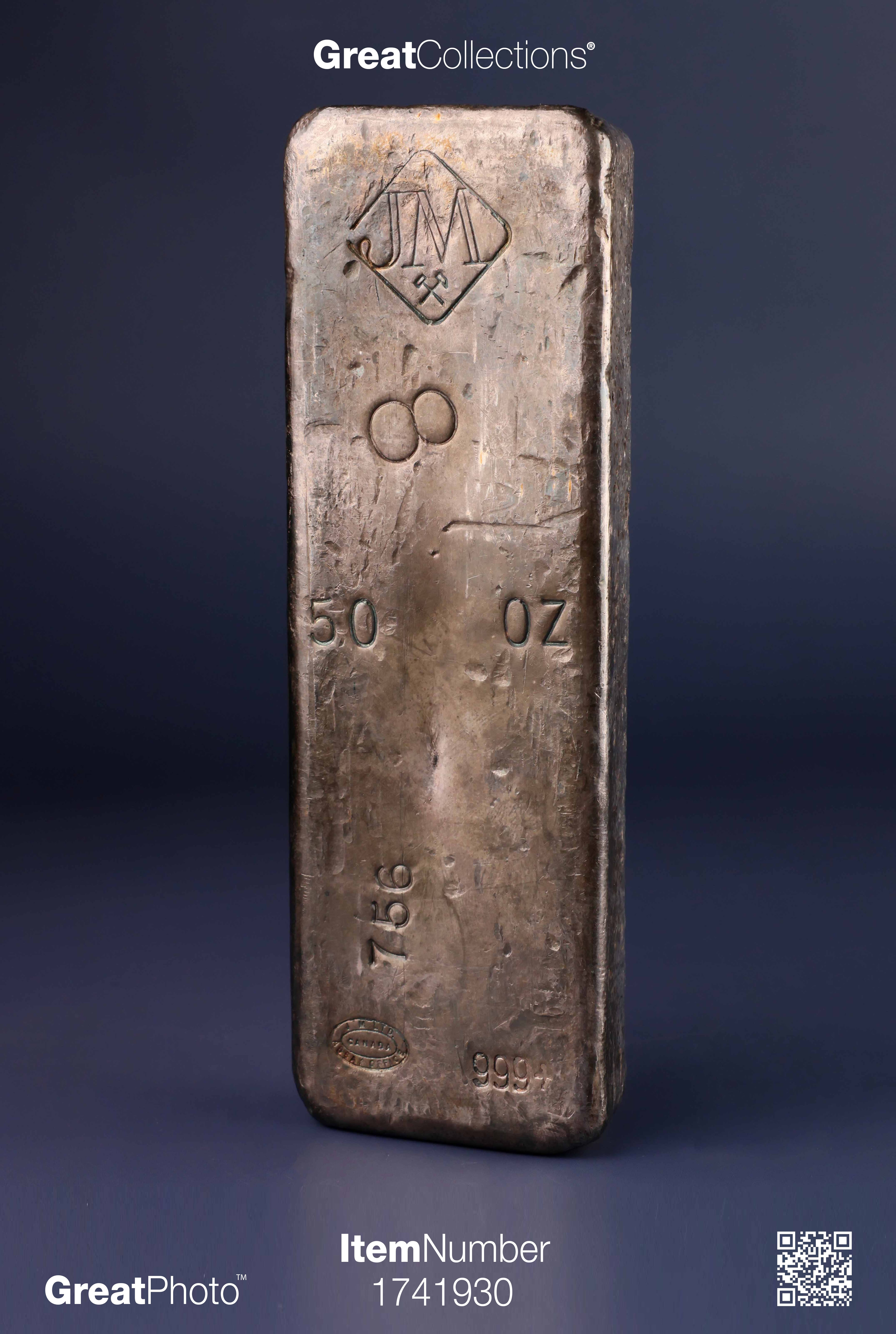 ND Silver 50oz Johnson Matthey Ingot/Bar Uncertified (ASW = 49.995 oz ...