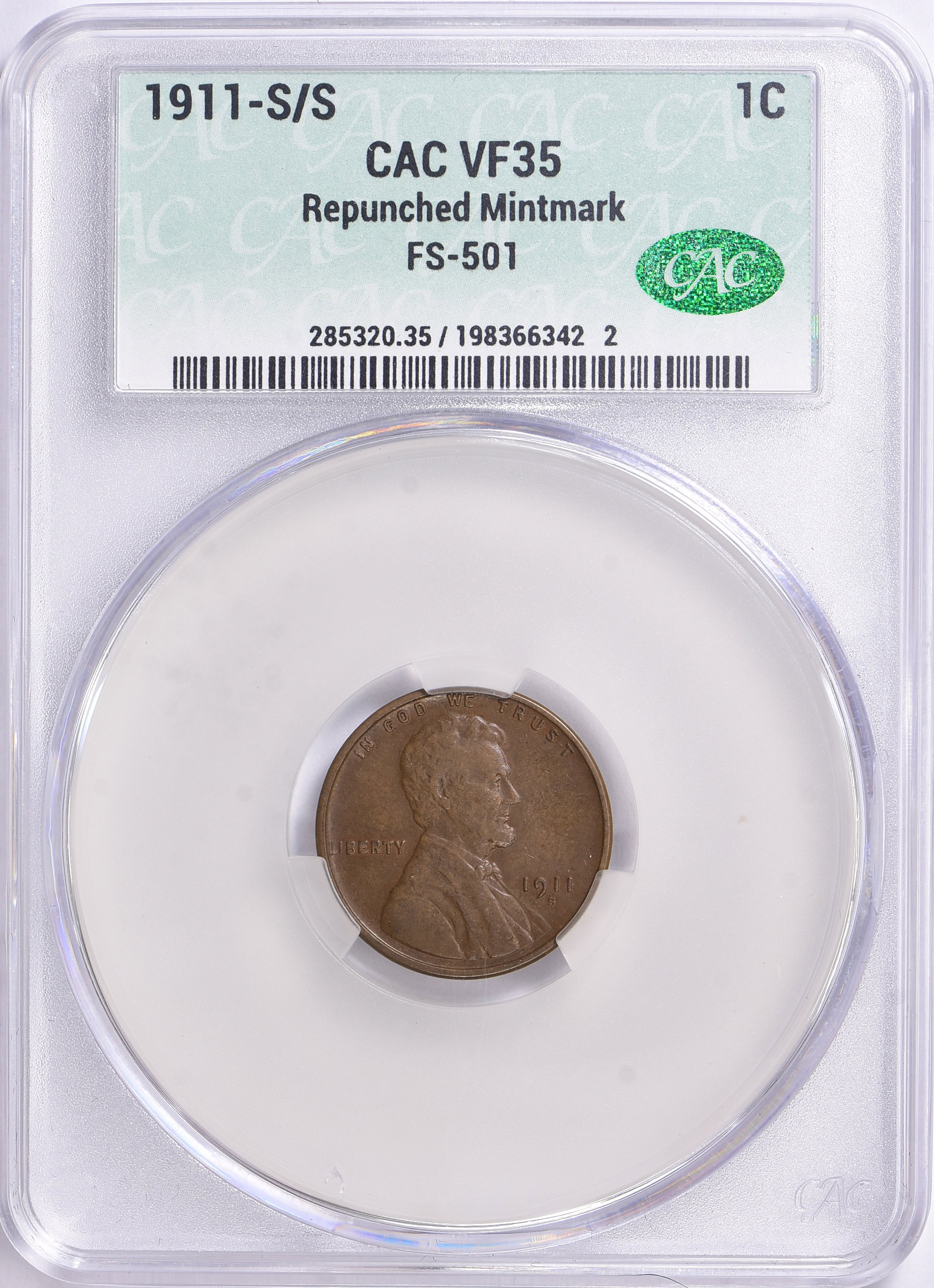 1911-S/S Lincoln Cent Repunched Mintmark FS-501 CACG VF-35 BN (Item 1741937) | GreatCollections ...
