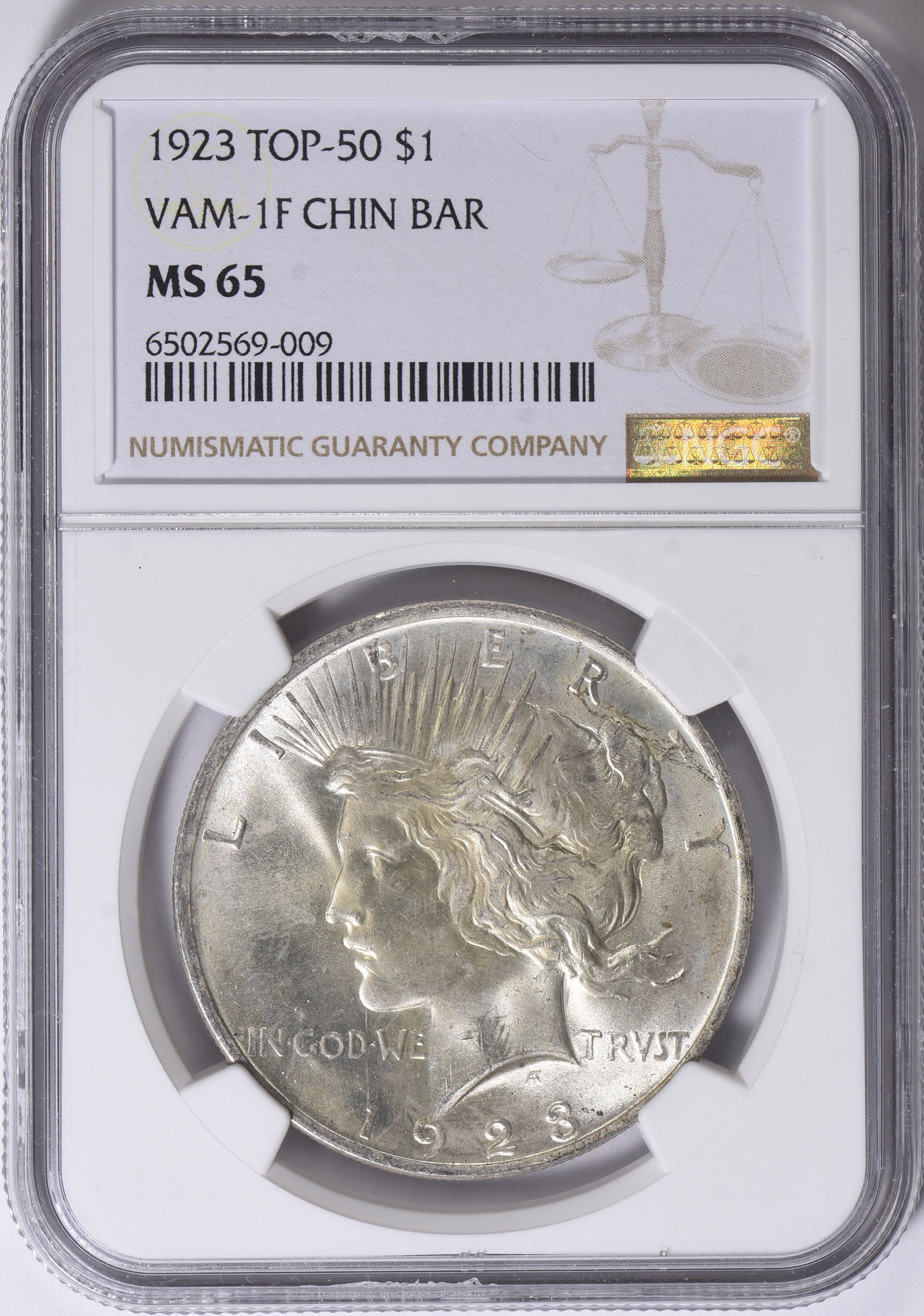 1923 Peace Silver Dollar Chin Bar VAM-1F NGC MS-65 (Item 1741994) | GreatCollections Coin Auctions